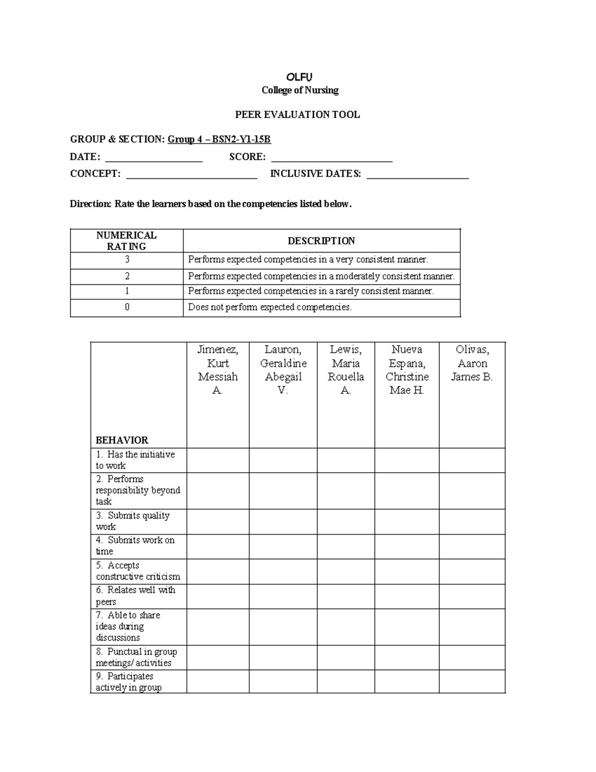 OLFU Nursing Peer Evaluation Tool - Group 4 Assessment - Studocu