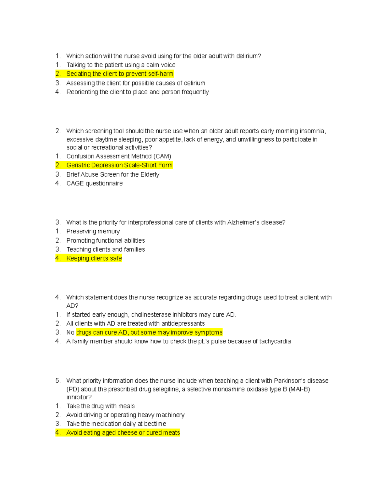 Gerontology Practice NCLEX Questions: Focus on Delirium & Parkinson's ...