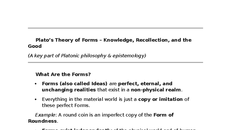 Plato's Rationalism: Understanding Forms and Ethics (PHIL 101) - Studocu