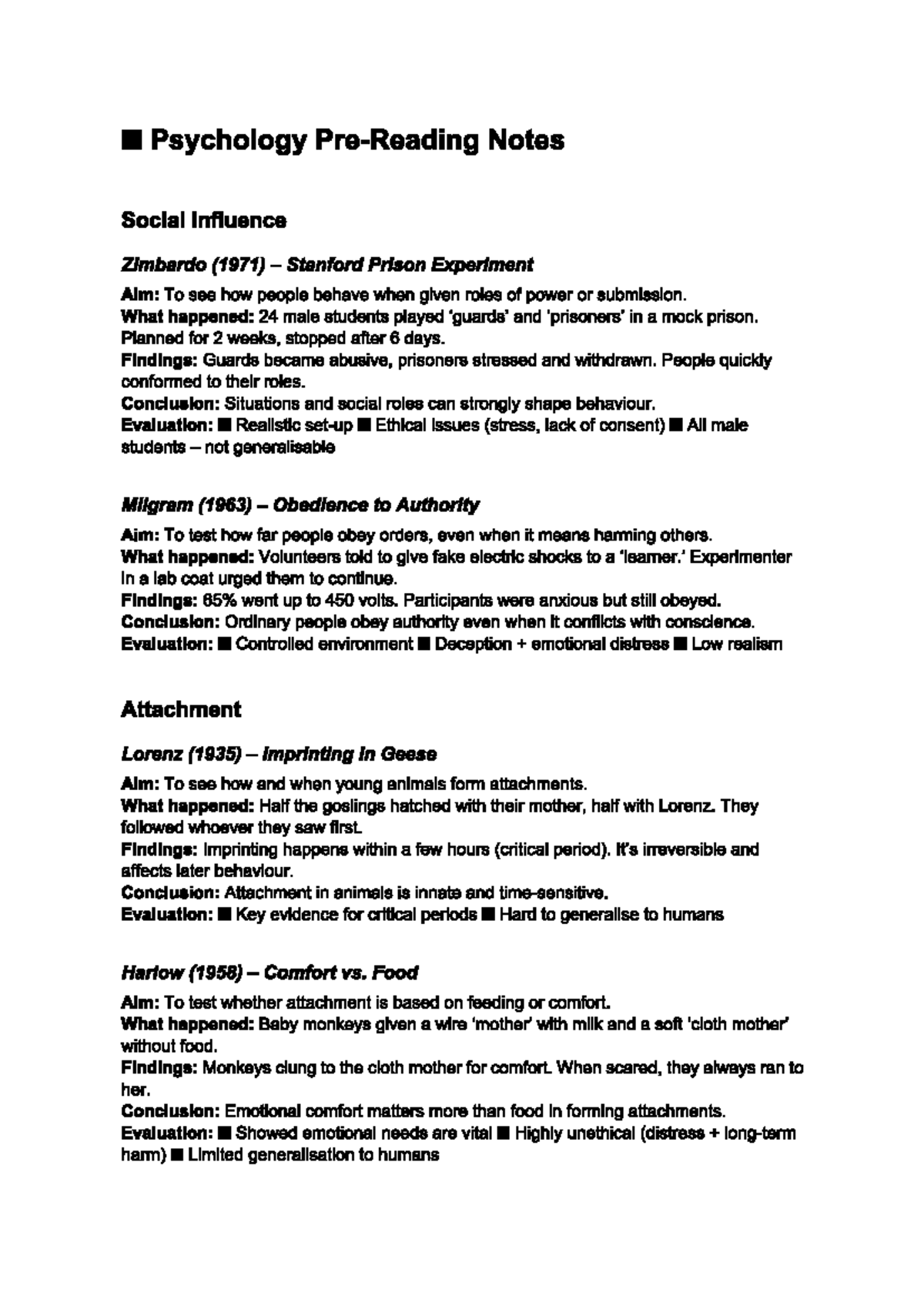 Psychology Pre-Reading Notes: Social Influence & Attachment Studies ...