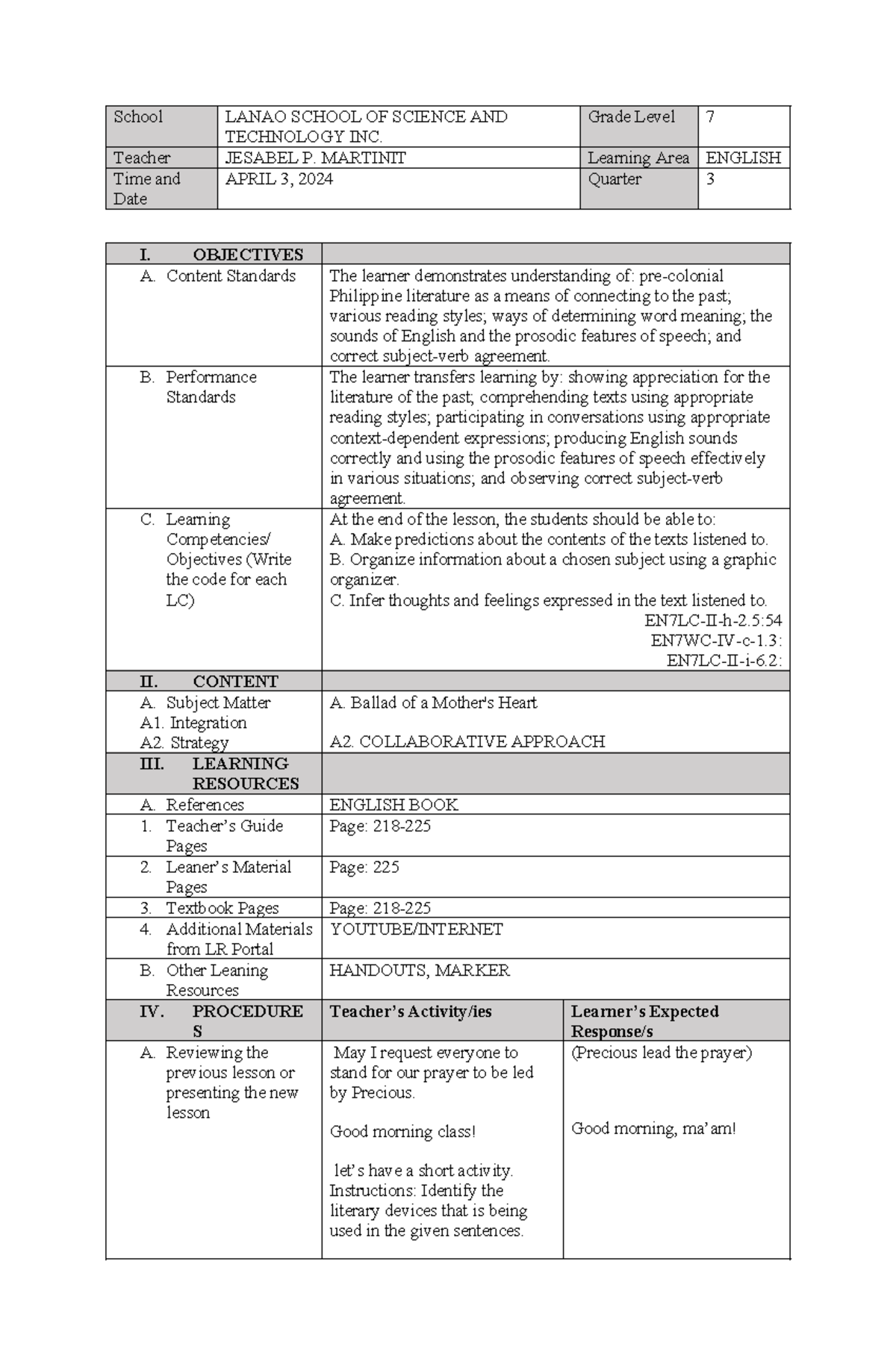 Grade 7 English Literature Lesson Plan: "The Ballad of a Mother's Heart ...