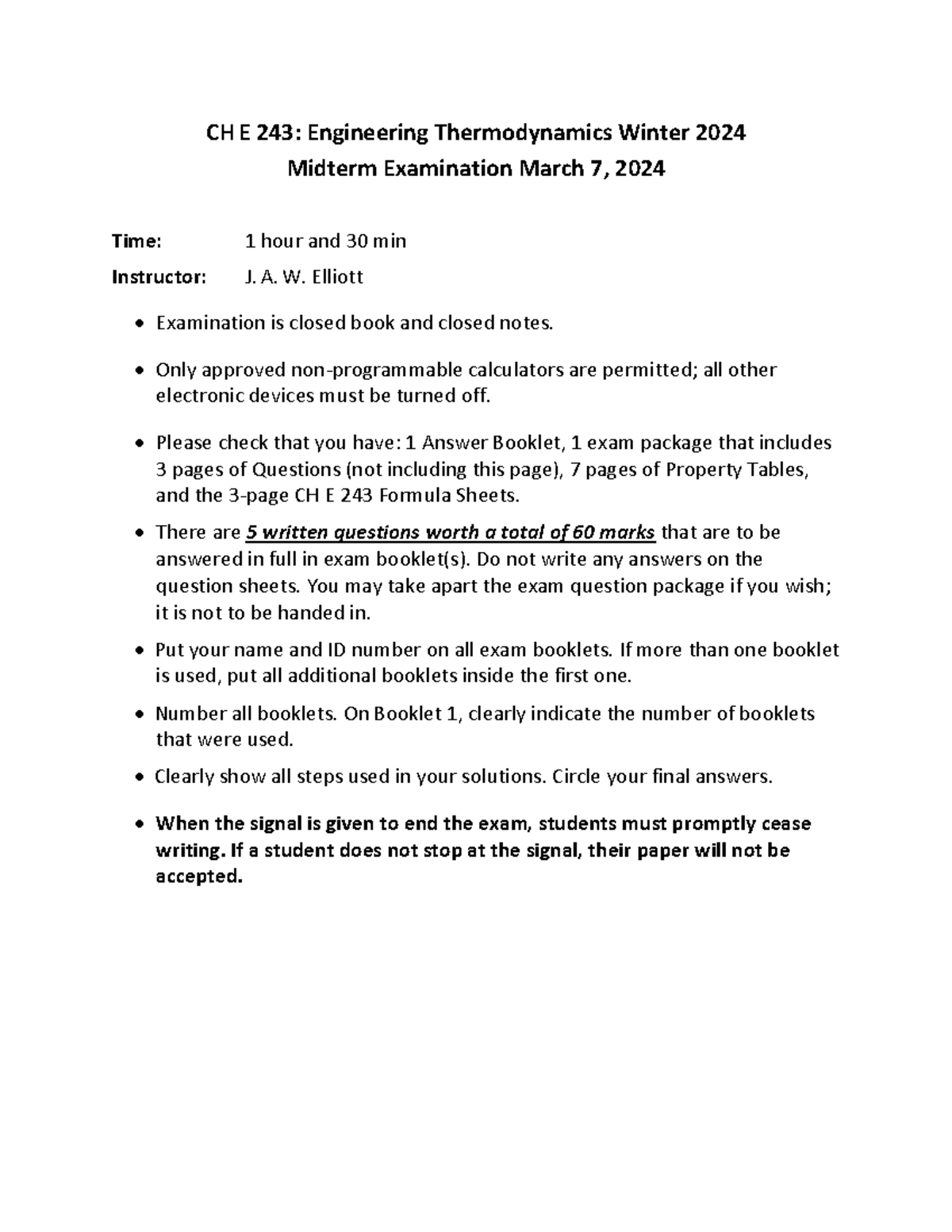 CH E 243: Engineering Thermodynamics Winter 2024 Midterm Exam Questions - Studocu