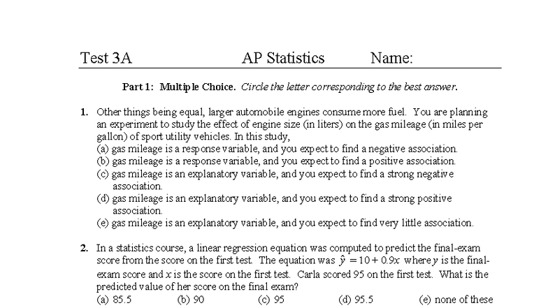 Test 3A AP Statistics: Multiple Choice & Free Response Questions - Studocu