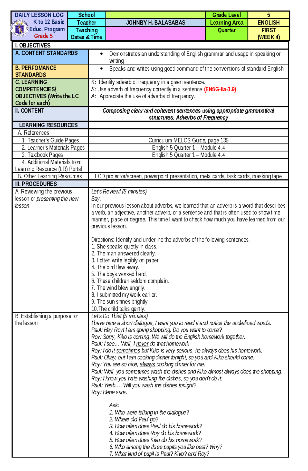 English 5 Q1 Lesson on Adverbs of Frequency: Daily Log - Studocu