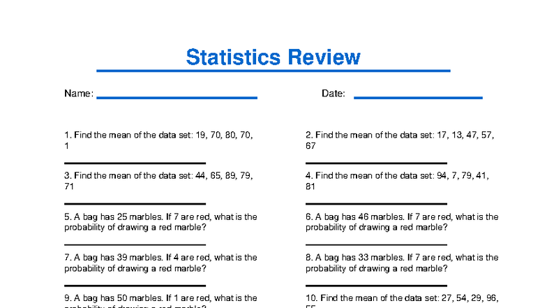 Statistics Review 7: Mean & Probability Exercises - Studocu