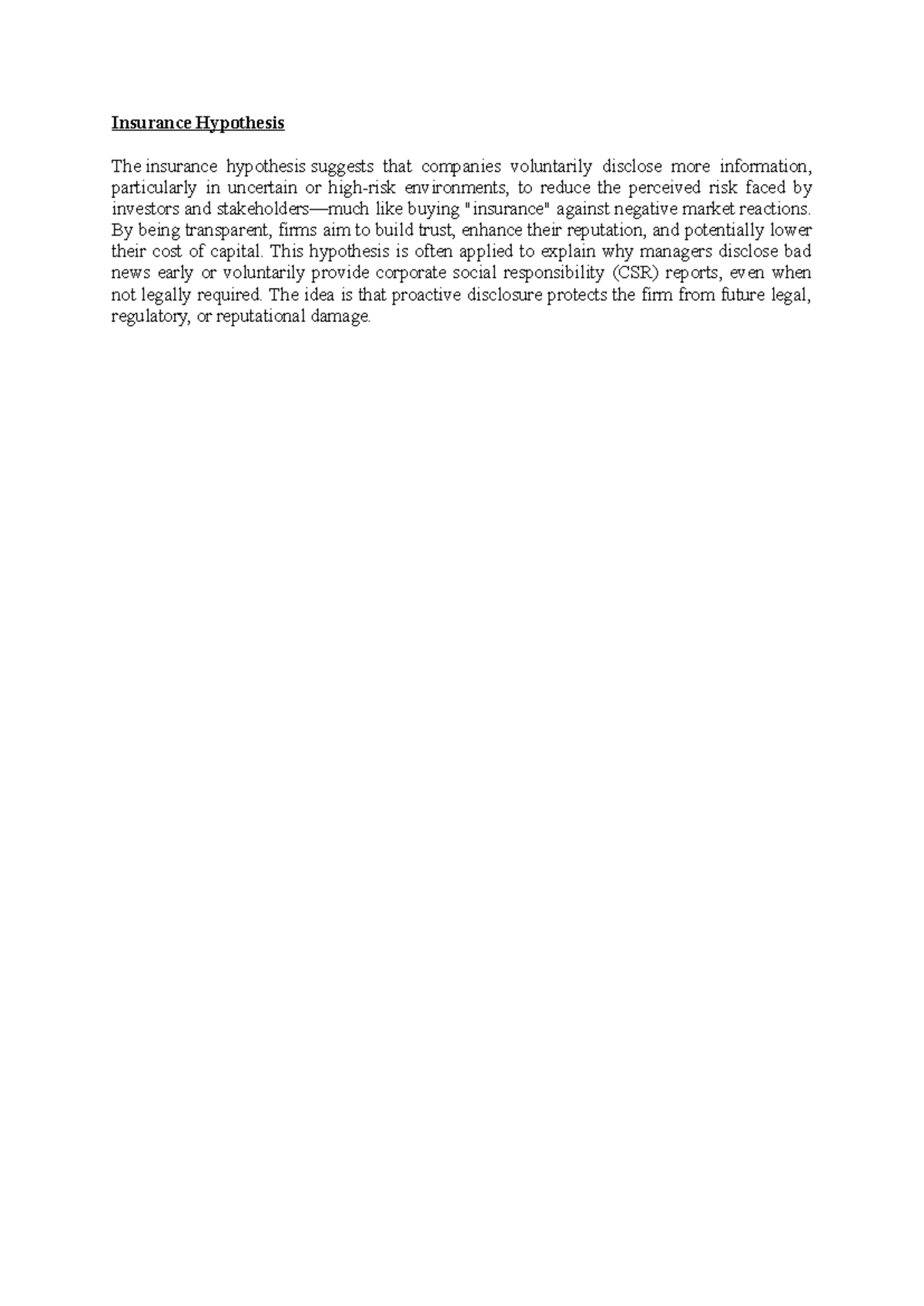 Insurance Hypothesis - By being transparent, firms aim to build trust ...