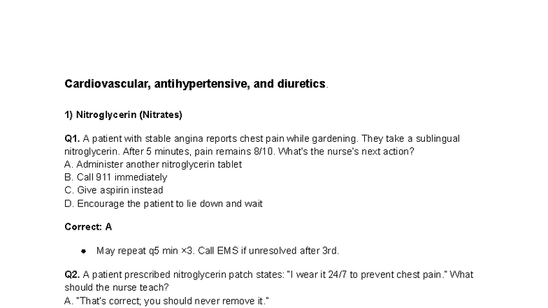 Pharm NCLEX Style Questions: Cardiovascular & Medications Review - Studocu
