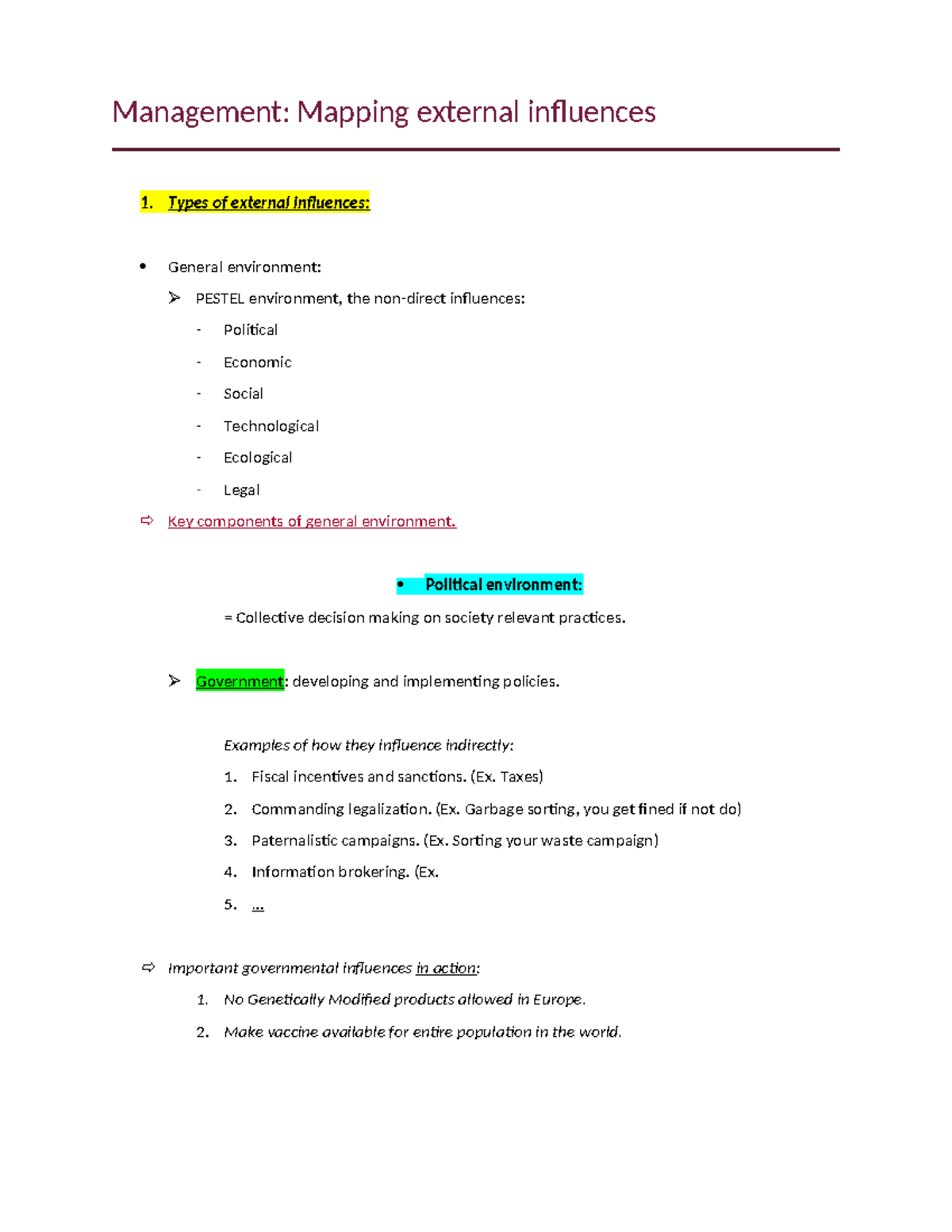 Management 3 - Summary: Mapping External Influences and PESTEL Analysis ...