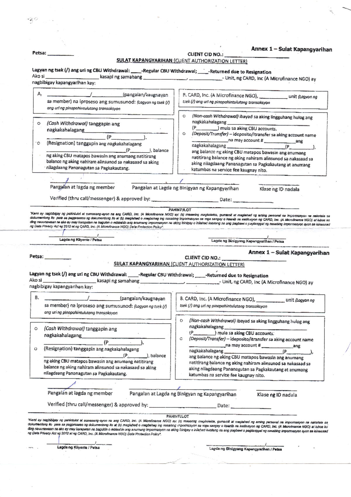 Client Authorization Letter for CBU Withdrawal (Resignation) - Studocu