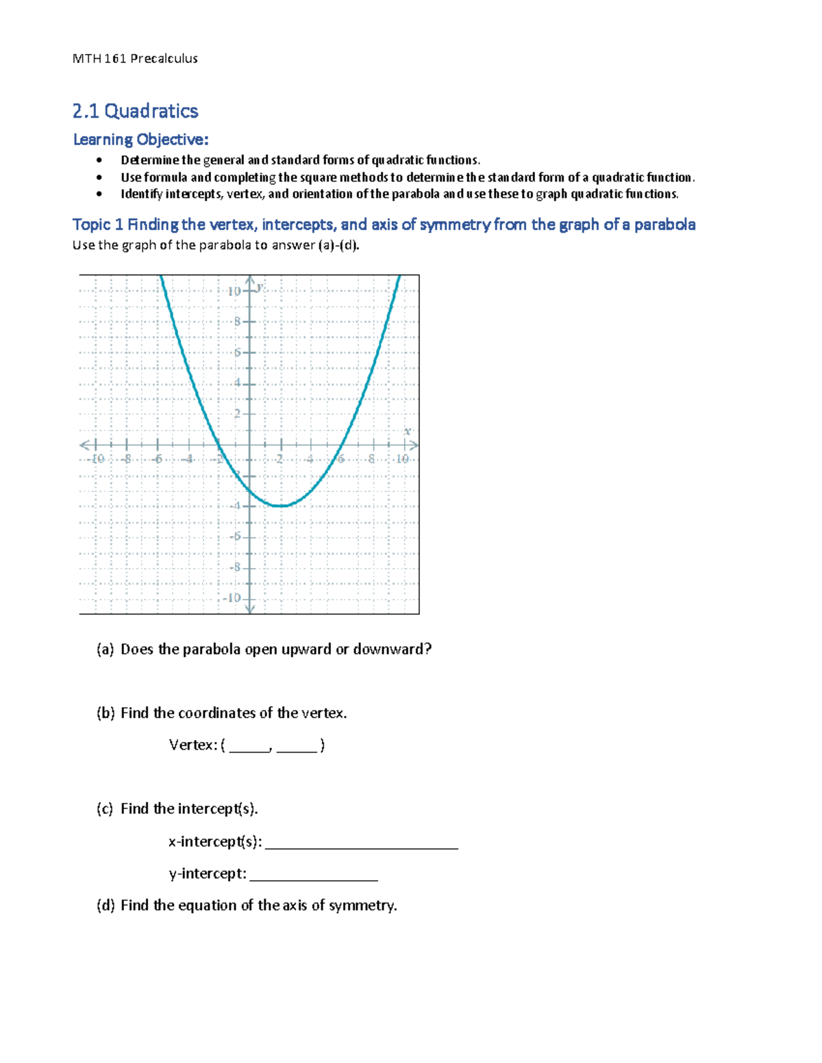 MTH 161 Week 4 Precalculus Notes on Quadratic Functions - Studocu