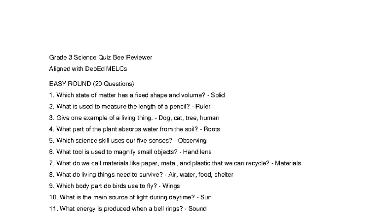 Grade 3 Science Quiz Bee Reviewer: Aligned with DepEd MELCs - Studocu