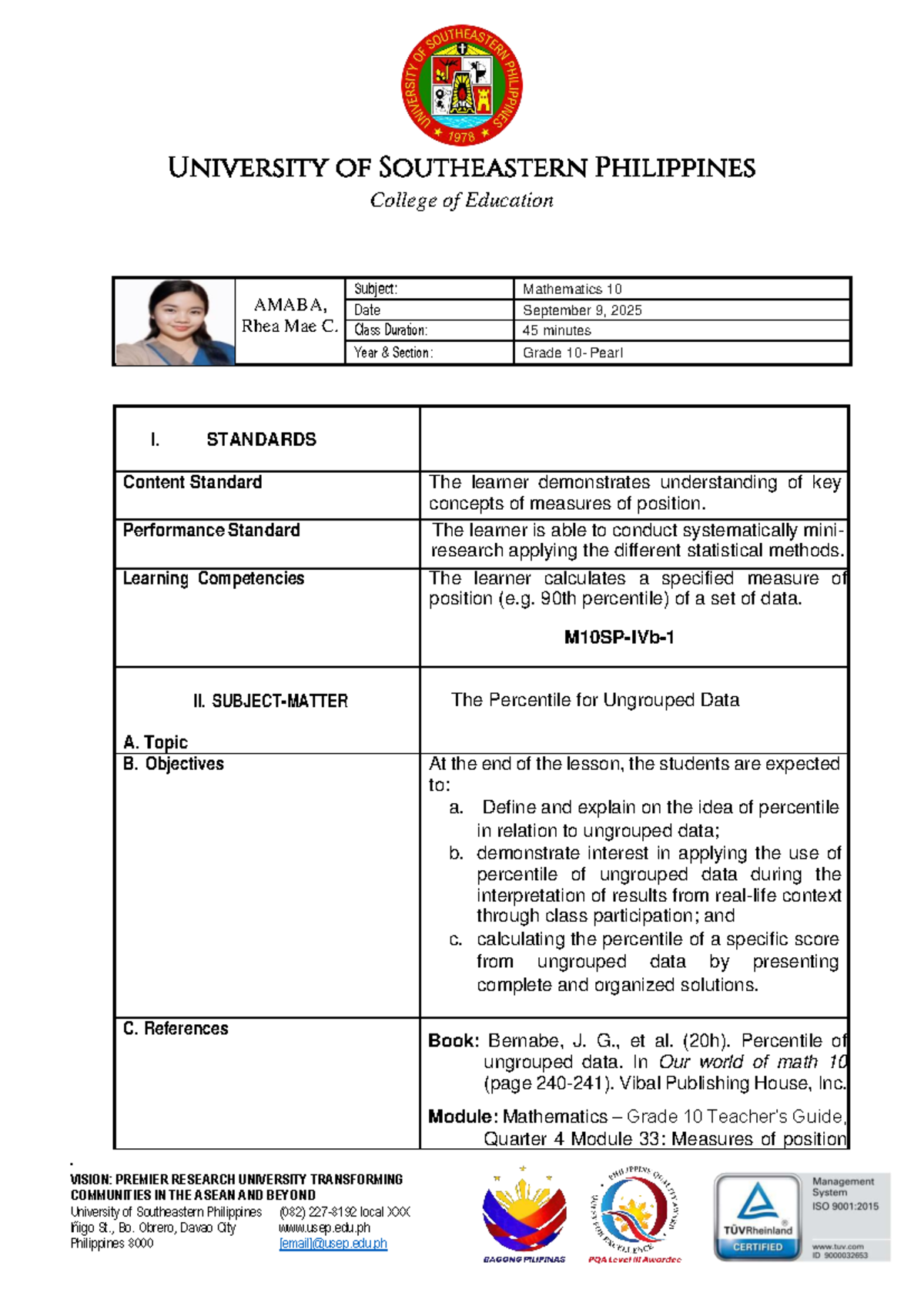 Mathematics 10 Lesson: Understanding Percentiles for Ungrouped Data - Studocu