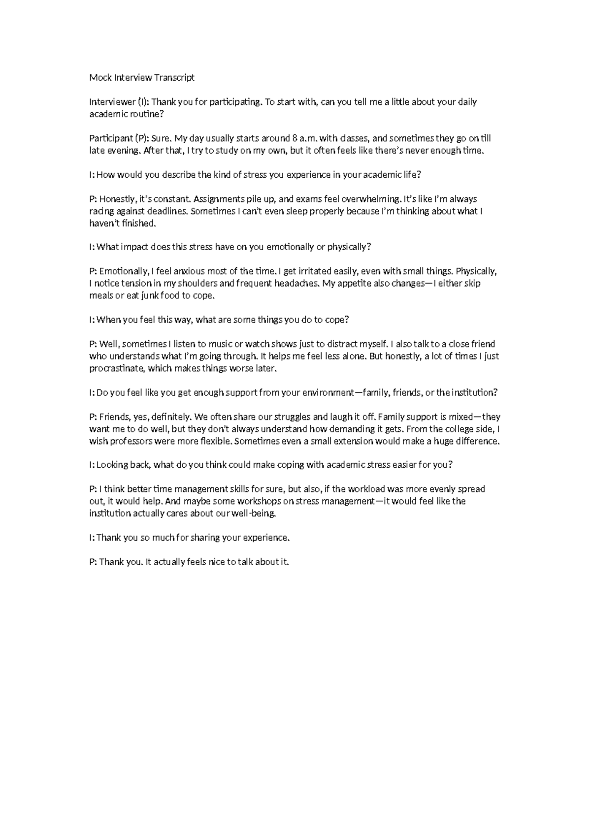Mock Interview Transcript on Academic Stress Management - Studocu