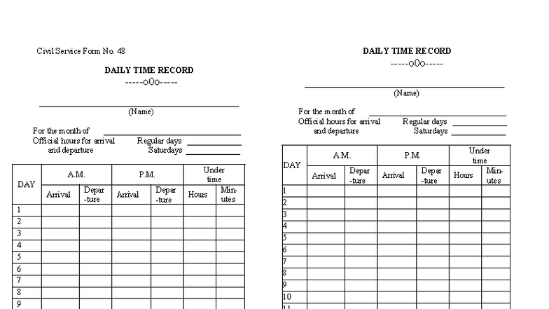 Civil Service Form No. 48: Daily Time Record (DTR) - Studocu