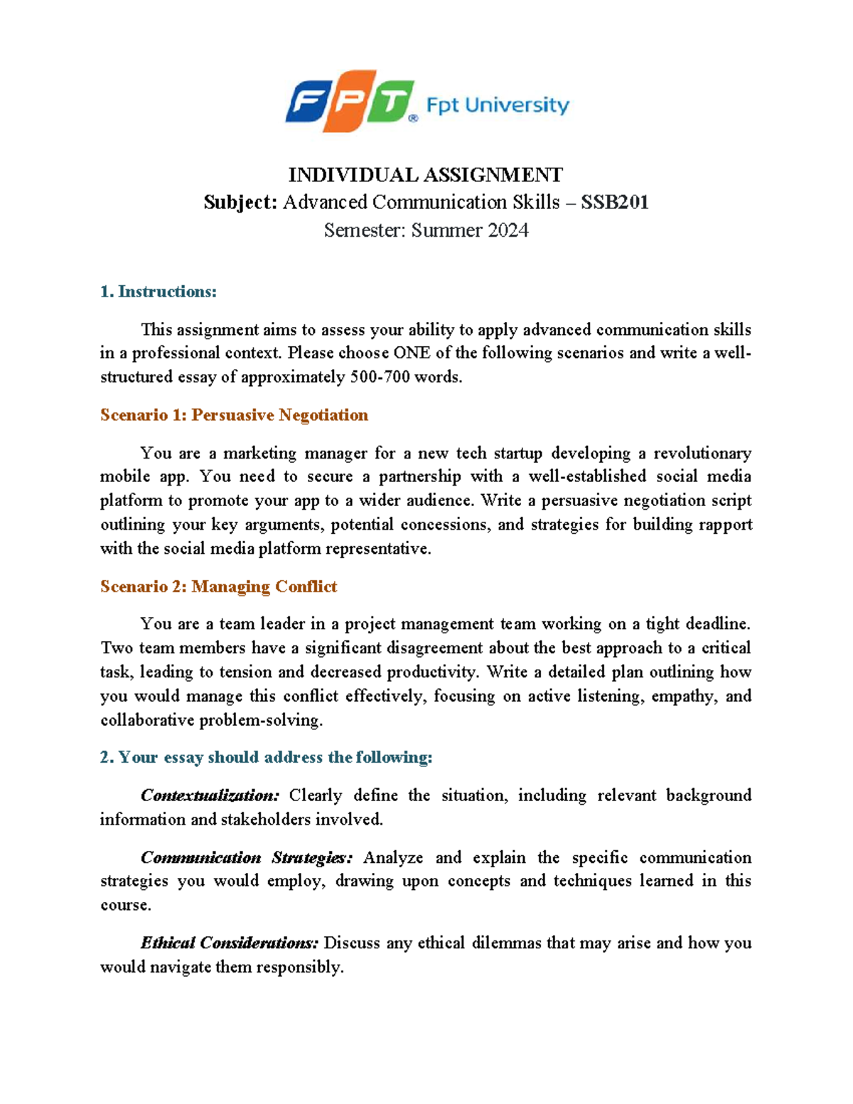 Advanced Communication Skills Essay Assignment SSB201 - Summer 2024 - Studocu
