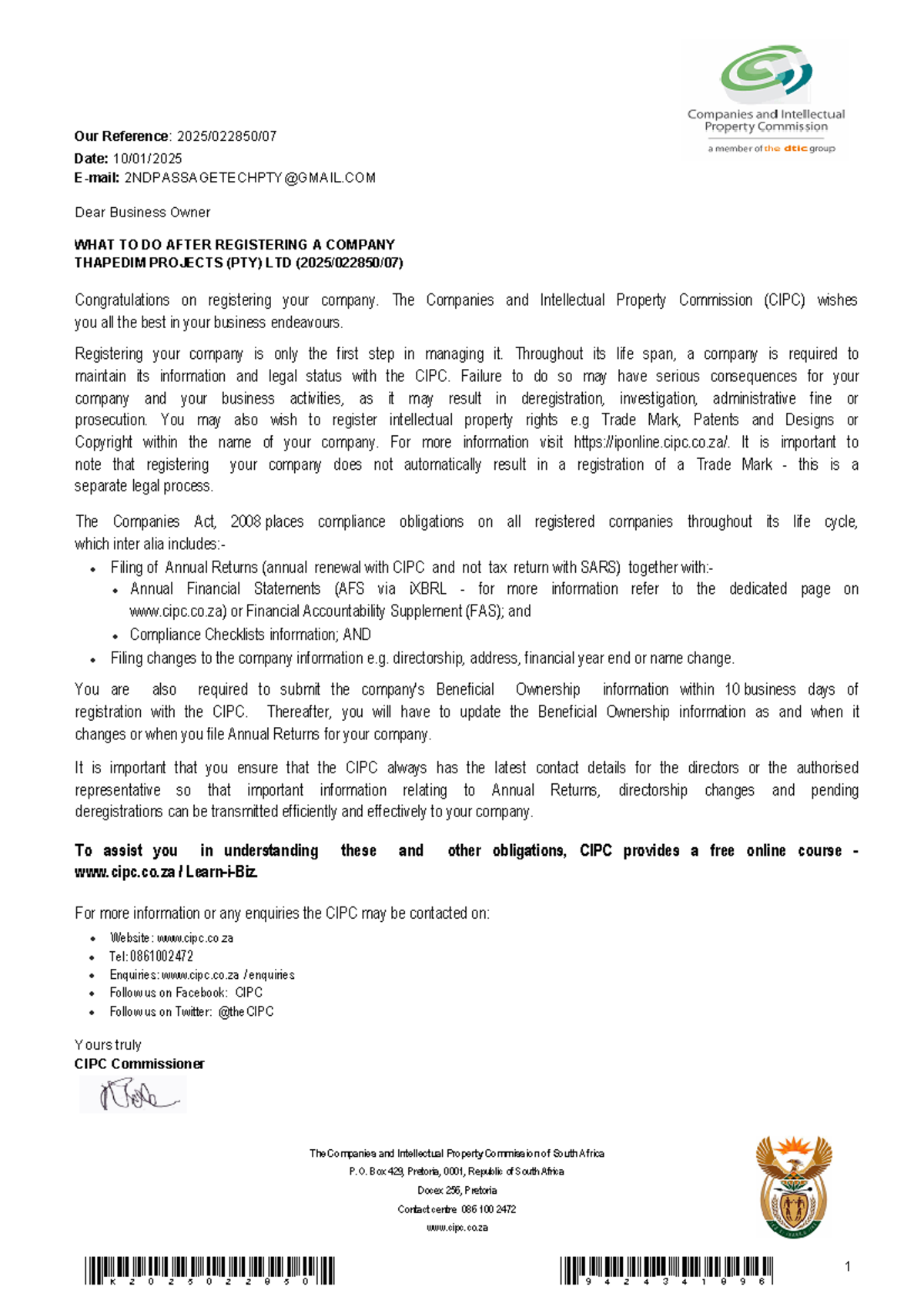 CIPC Compliance Guide for THAPEDIM PROJECTS (PTY) LTD - COR 14.3 - Studocu