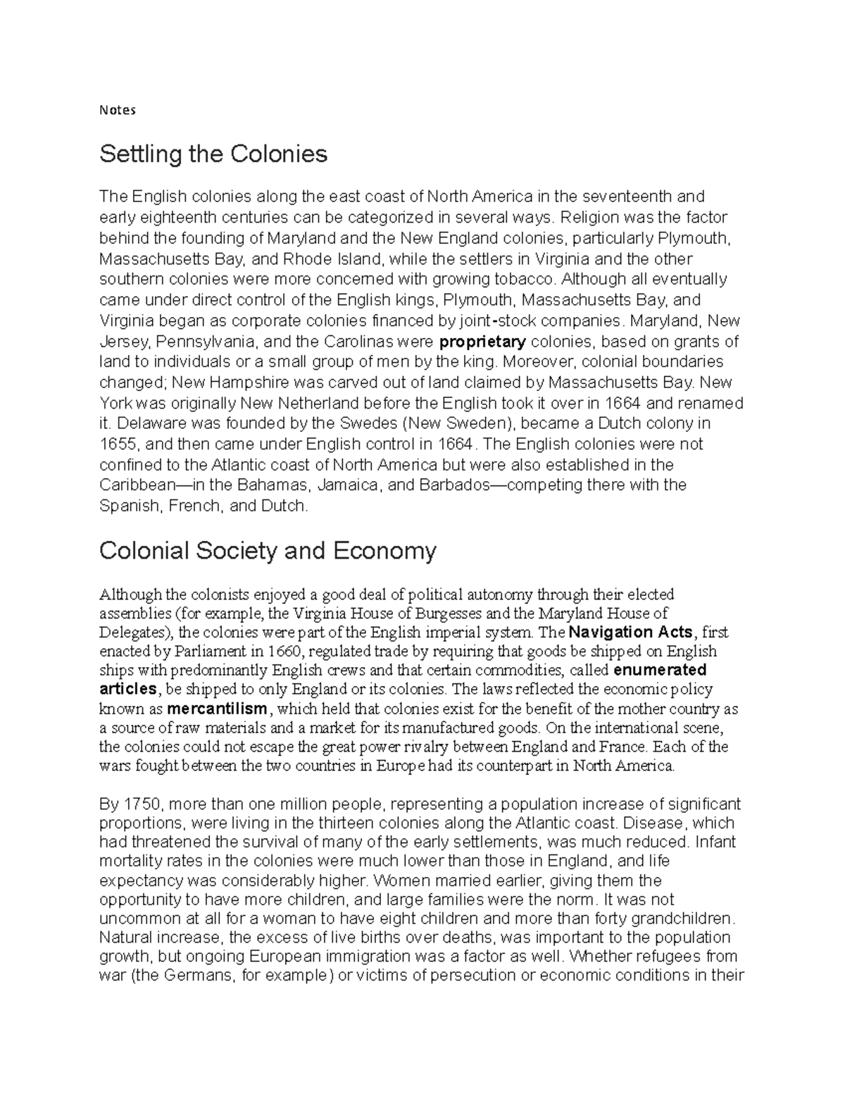 History 112 - Settling the Colonies & Colonial Society Notes - Studocu