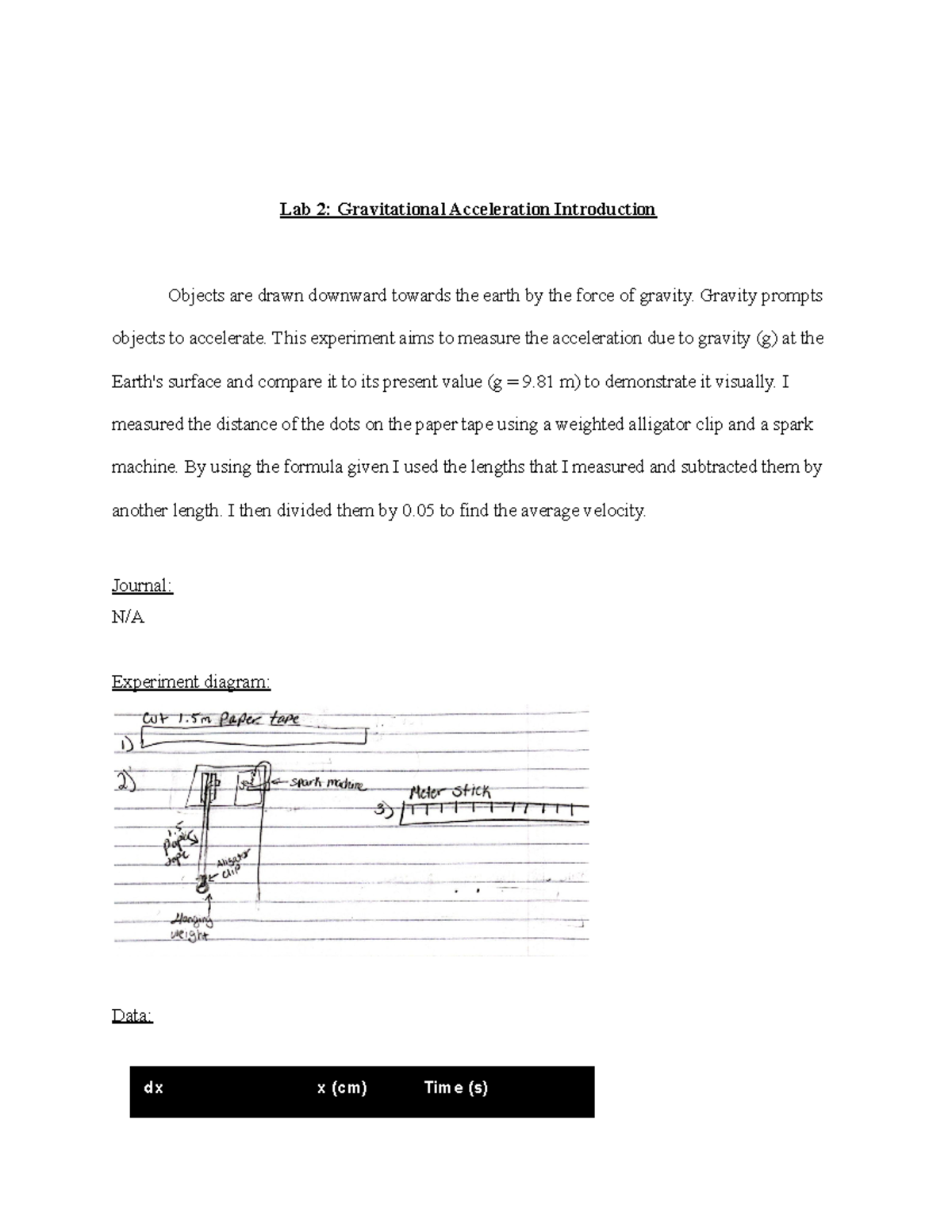 Gravitational Acceleration Lab 2. - Lab 2: Gravitational Acceleration ...