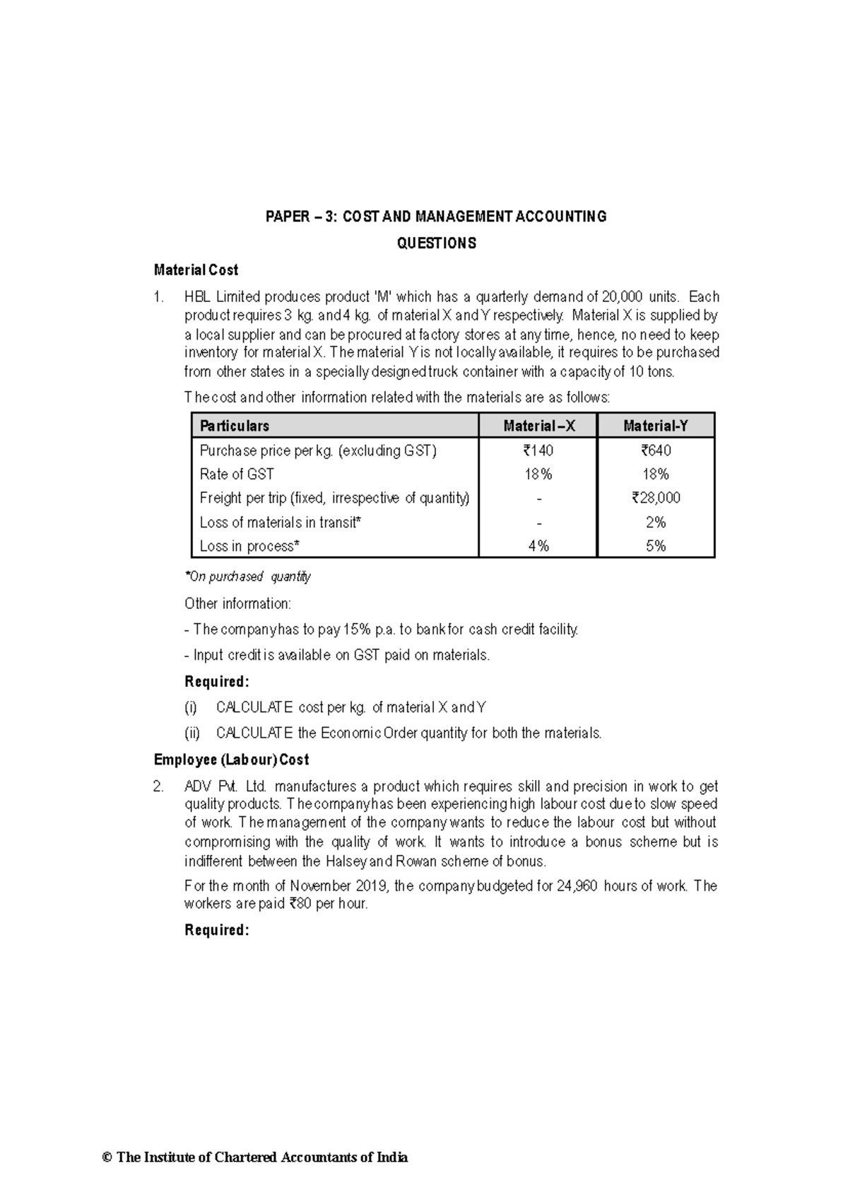 Intermediate COST Management EM RTP NOV 19 - PAPER – 3: COST AND ...