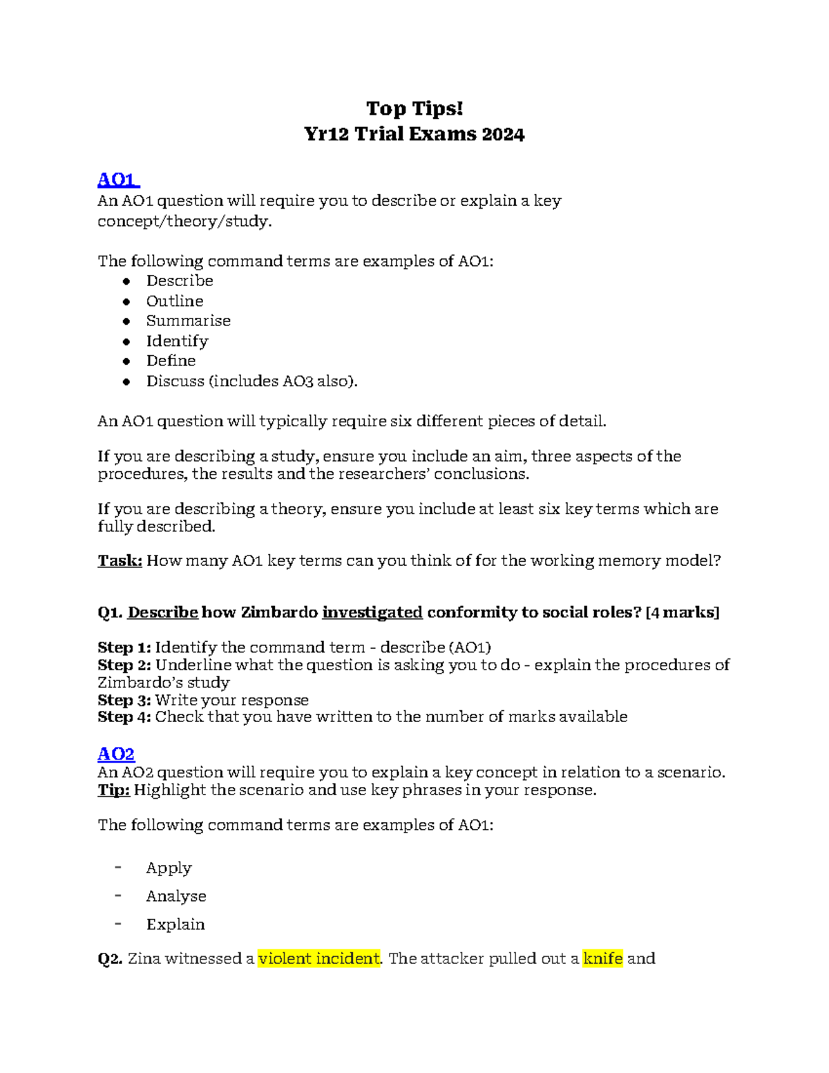 Yr12 Top Tips for Psychology Exams: AO1, AO2, AO3 Strategies - Studocu