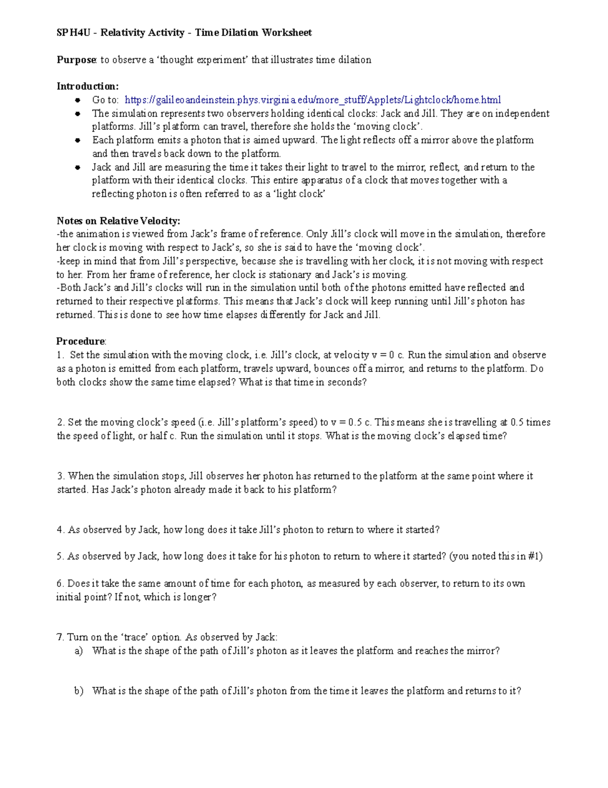 SPH4U - Time Dilation Activity: Exploring Relative Motion & Light ...