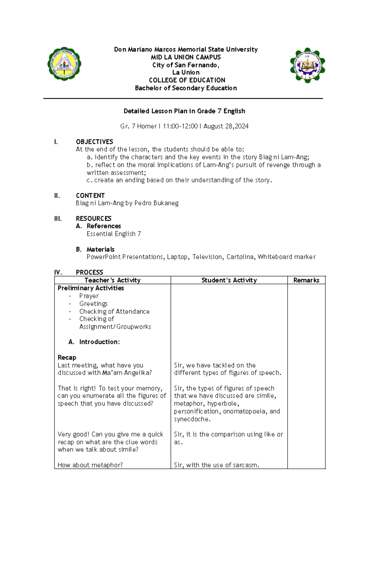 Detailed Lesson Plan: Biag ni Lam-Ang - Grade 7 English (MID) - Studocu