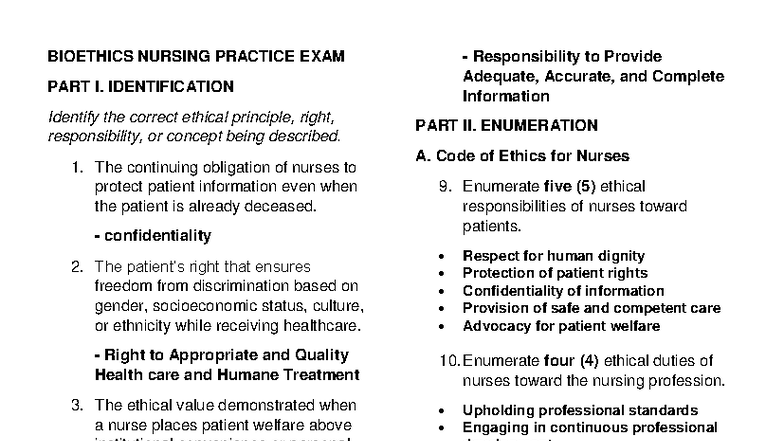 BIOETHICS NURSING PRACTICE EXAM: Ethical Principles & Responsibilities ...