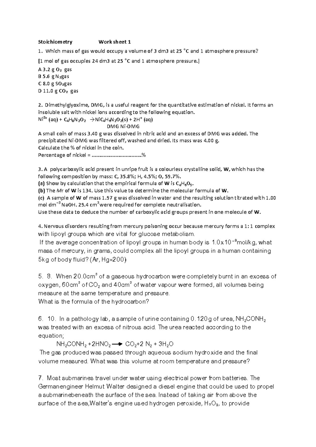Stoichiometry Worksheet 1: Gas Calculations and Reactions - Studocu