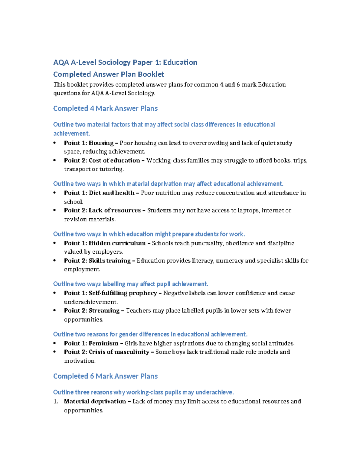 AQA Sociology Paper 1: Education 4 & 6 Mark Answer Plans - Studocu