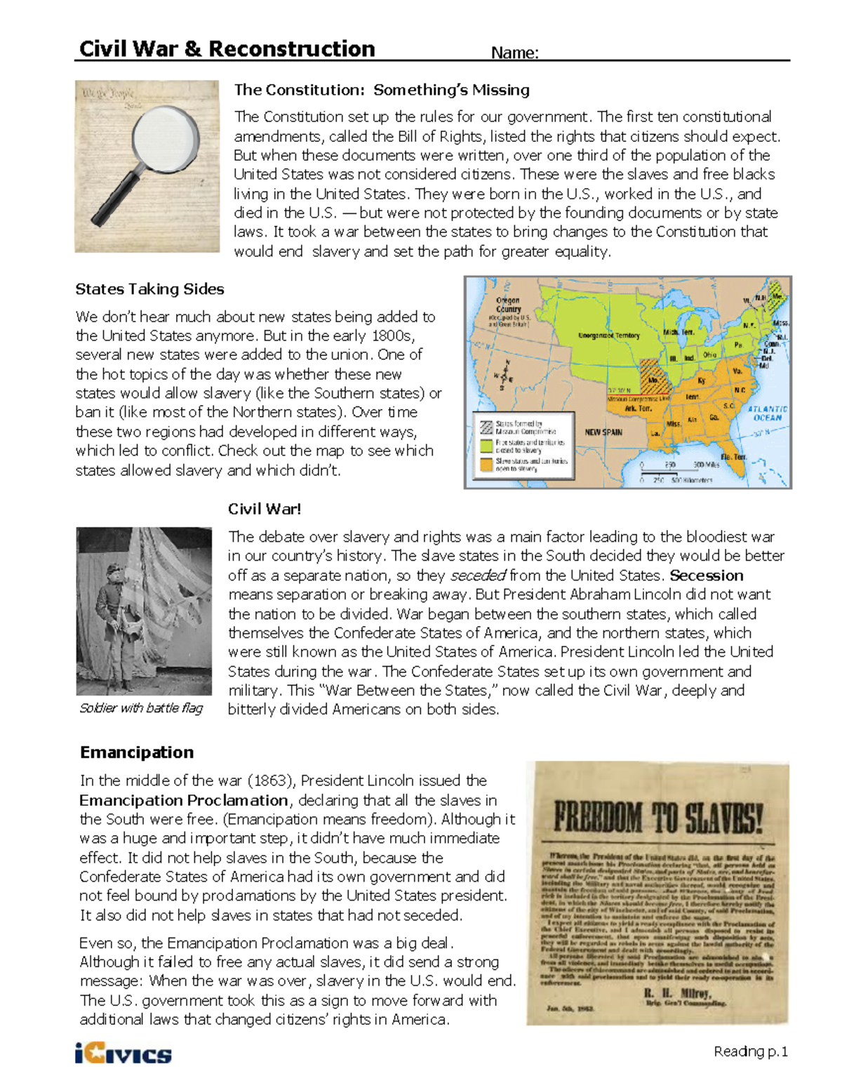Civil War and Reconstruction Student Docs A - Reading p. The ...
