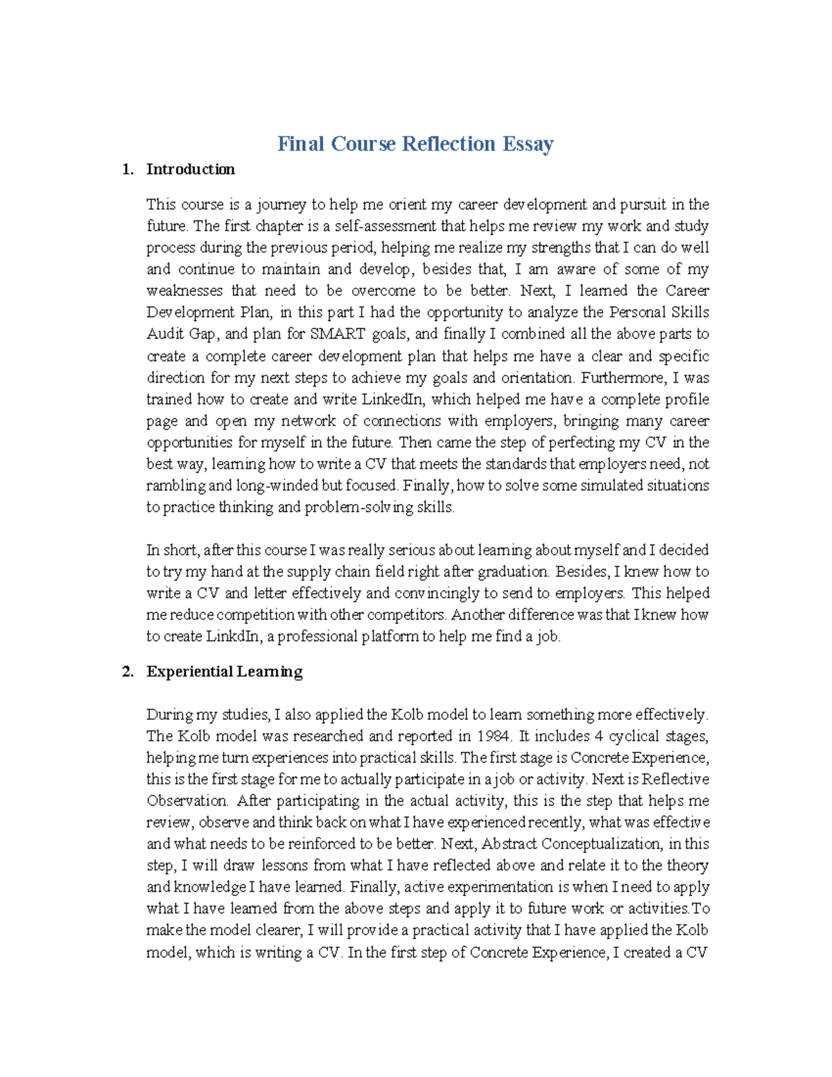 Final Reflection Essay on Career Development (Course Code: 436487 ...