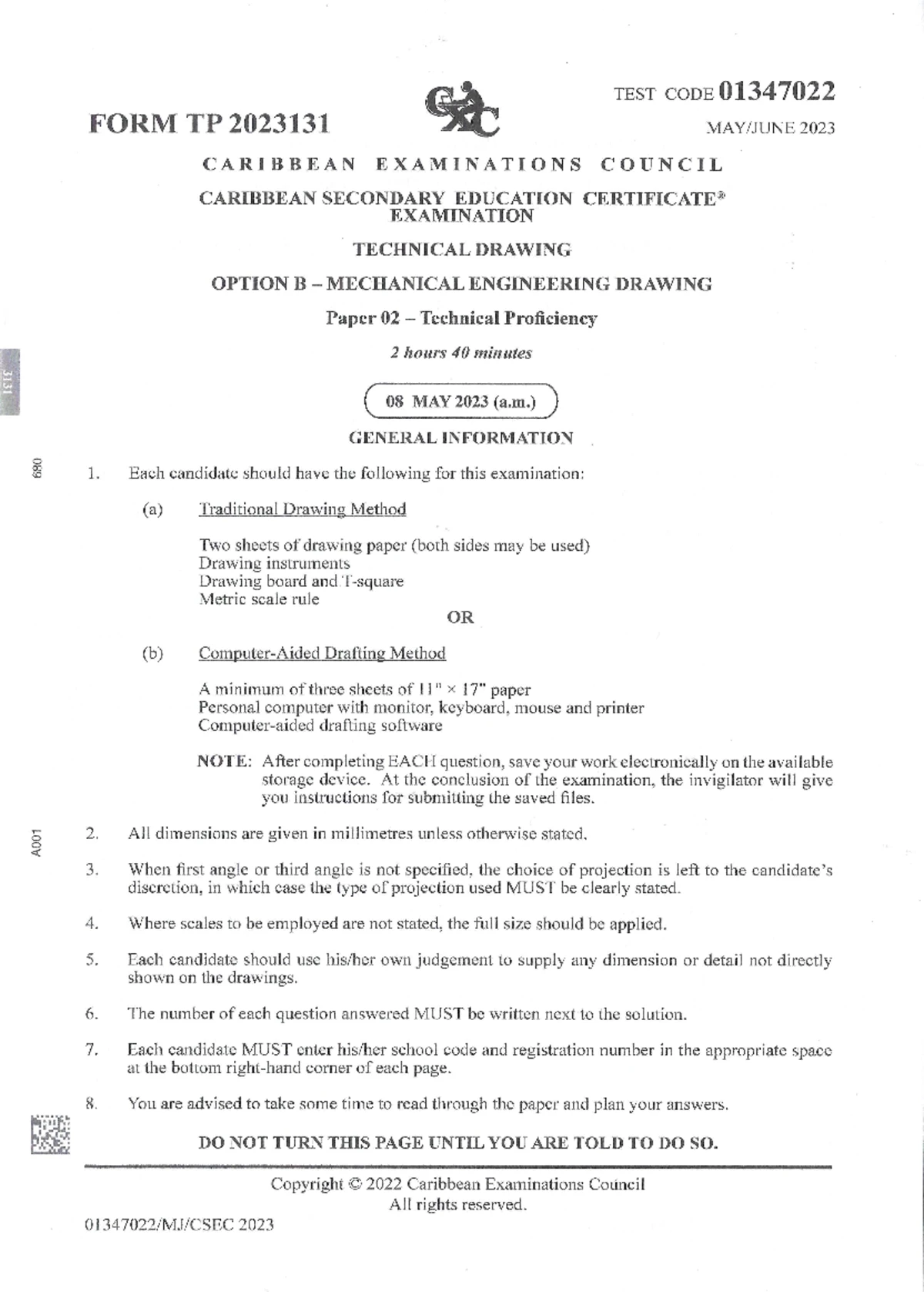 CSEC Technical Drawing June 2023 P1 240604 103239 - CANDIDATE PLEASE ...