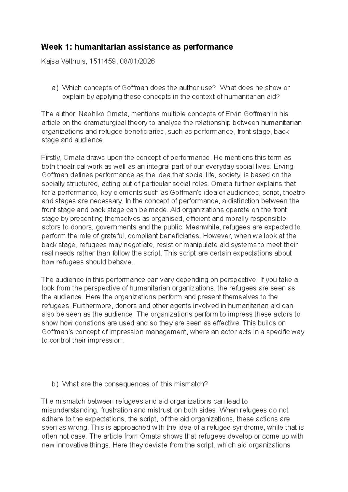 Week 1 Assignment: Goffman's Concepts in Humanitarian Aid Analysis ...