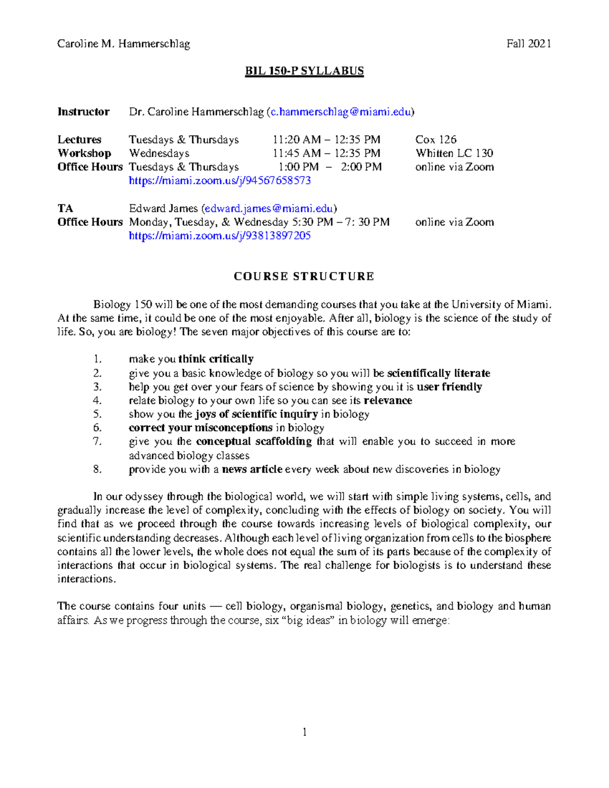 BIL 150 Syllabus Fall 2021: Biology Course Overview by Dr. Hammerschlag ...