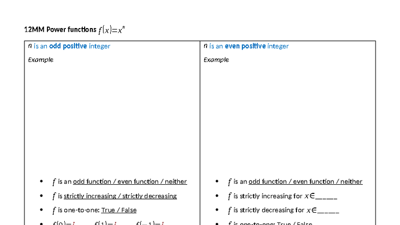 12MM Power Functions: Characteristics and Examples Notes - Studocu