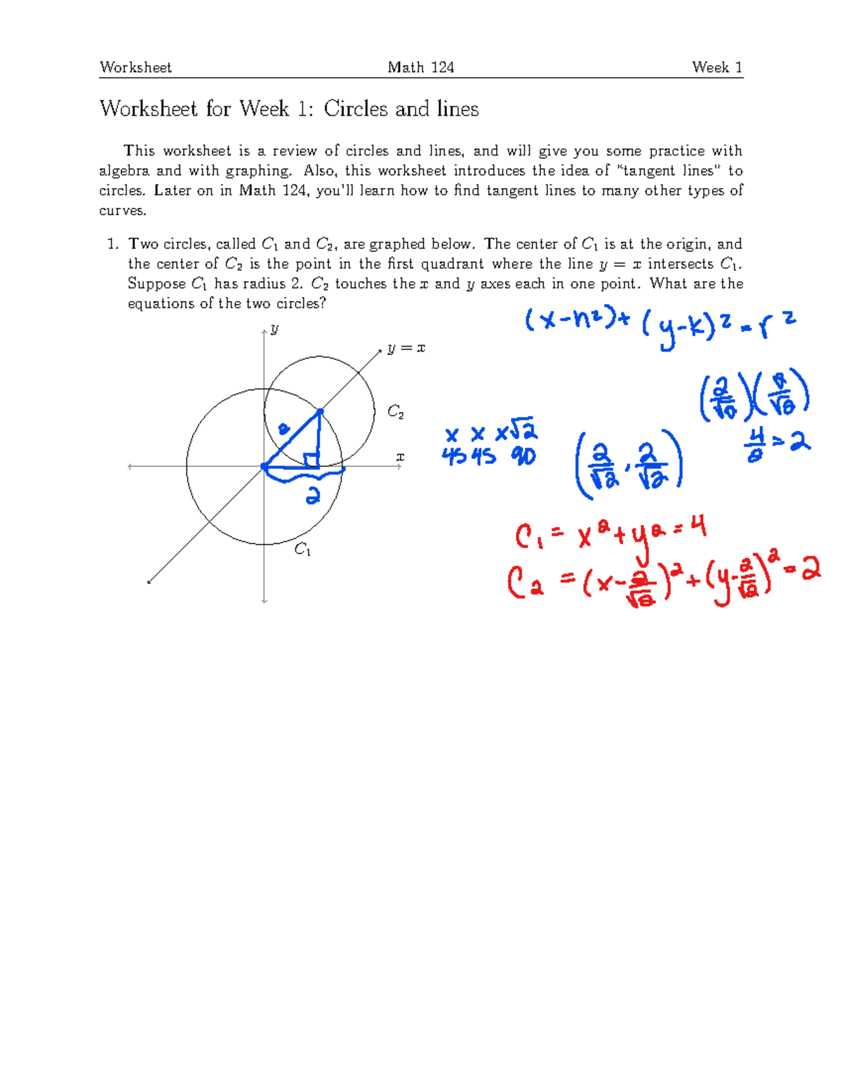 Math 124 Week 1 Worksheet: Circles, Lines, & Tangent Lines Practice ...