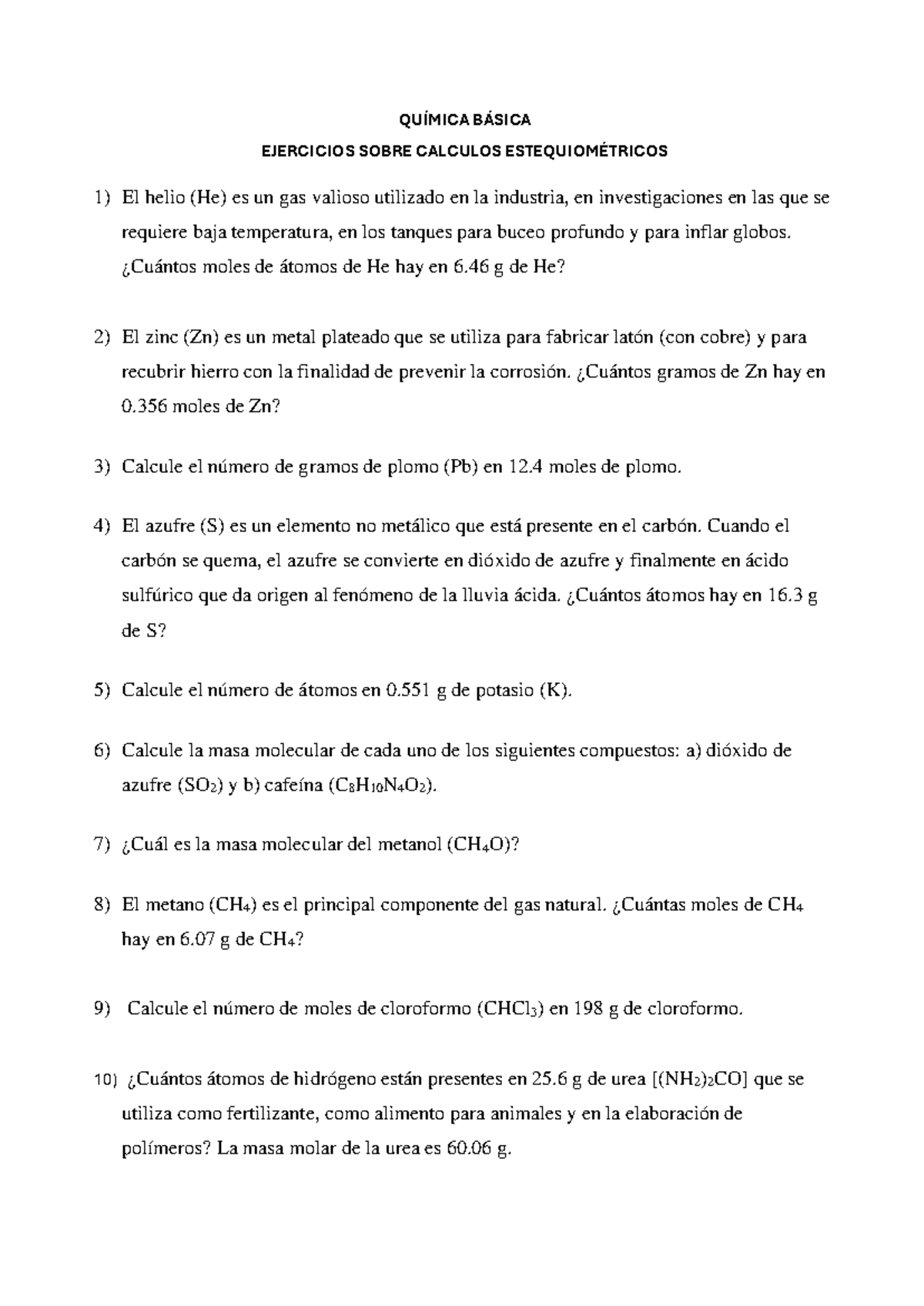 QUÍMICA BÁSICA EJERCICIOS DE CÁLCULOS ESTEQUIOMÉTRICOS 1-10 - Studocu