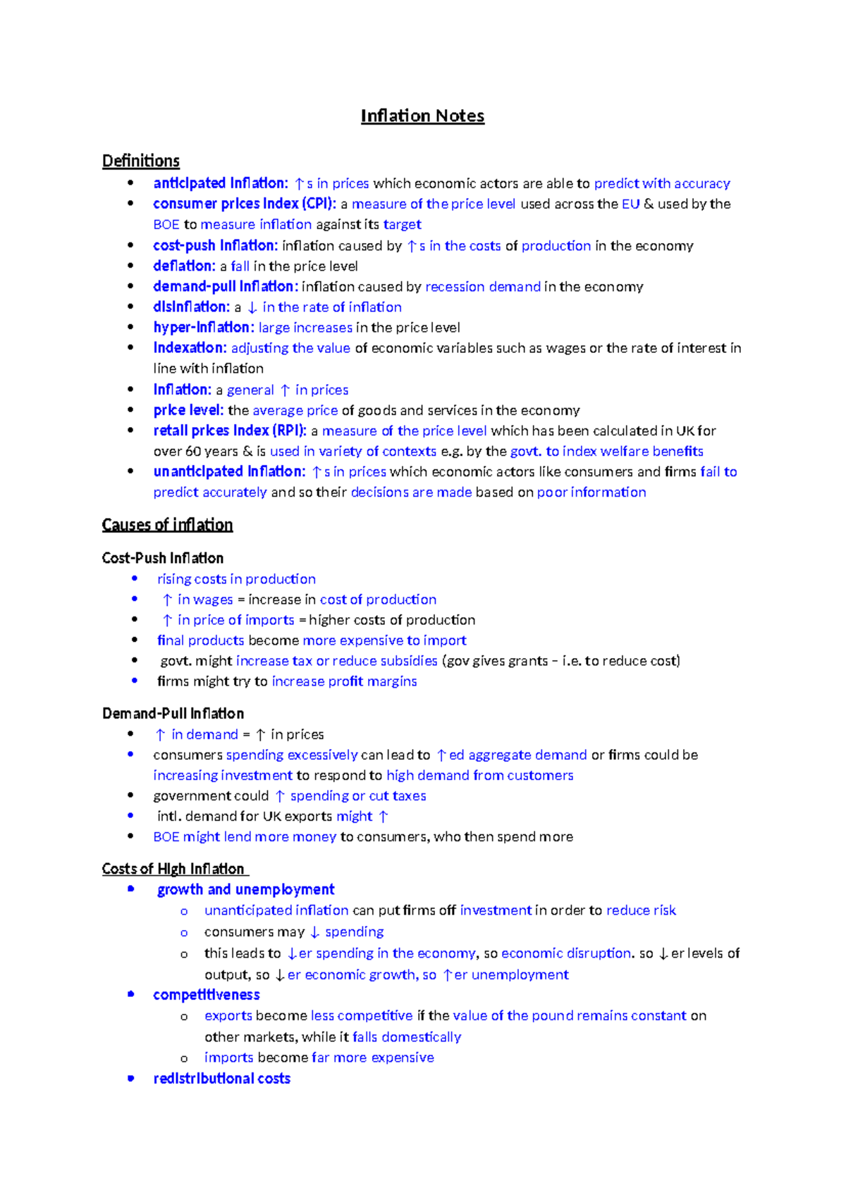 Inflation notes - Inflation Notes Definitions anticipated inflation: ↑s ...