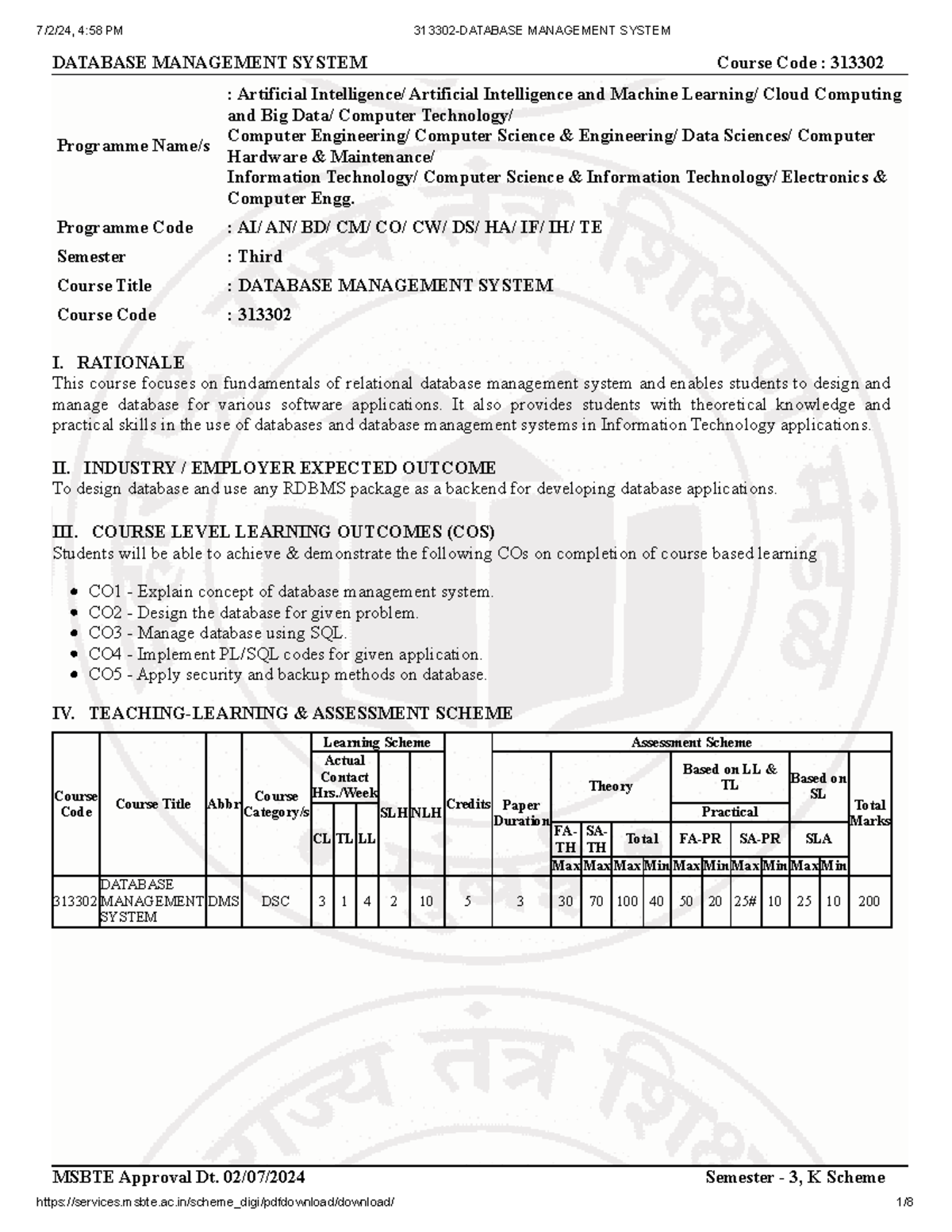Database Management System Course Code 313302: Syllabus Overview and ...
