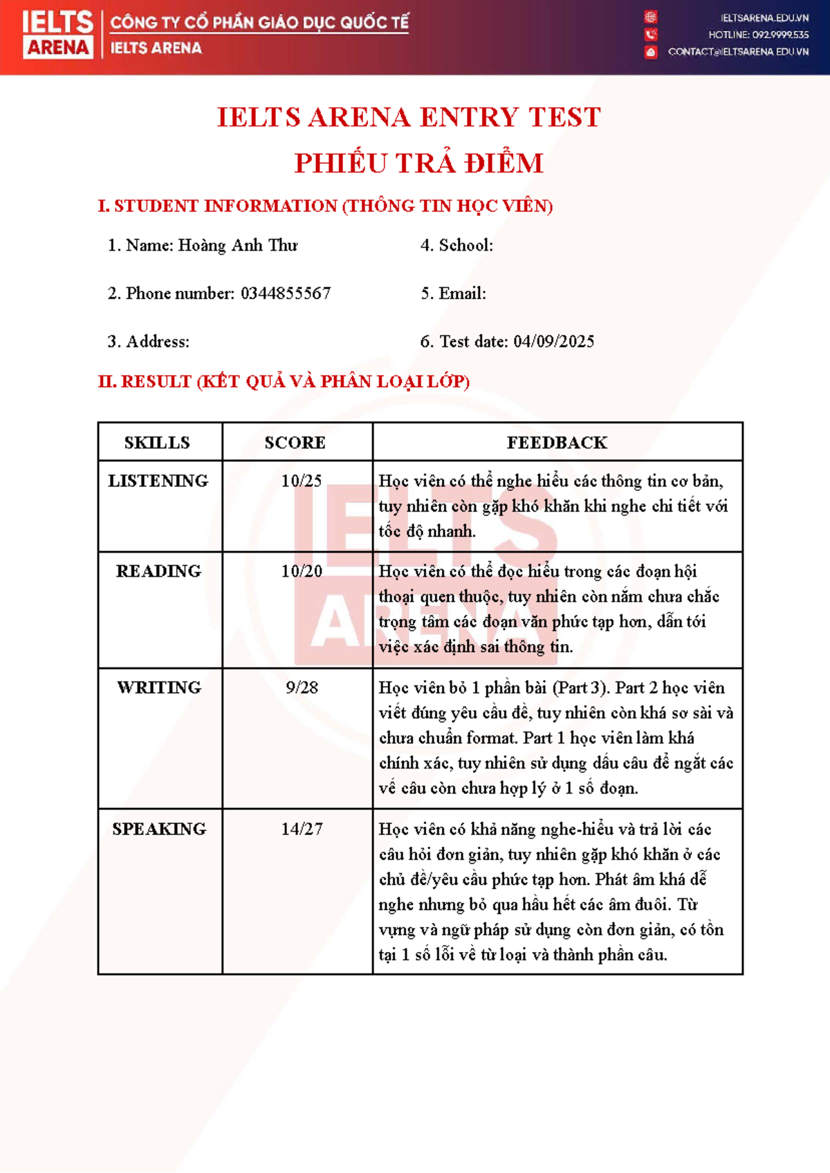 IELTS ARENA ENTRY TEST RESULT FOR HOÀNG ANH THƯ - Studocu