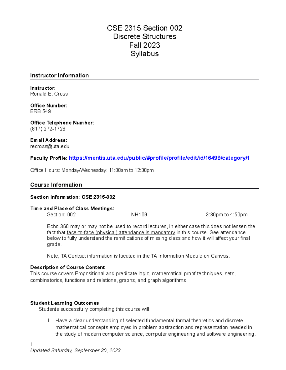 Syllabus for CSE 2315 Discrete Structures - Fall 2023 (Sec 002) - Studocu