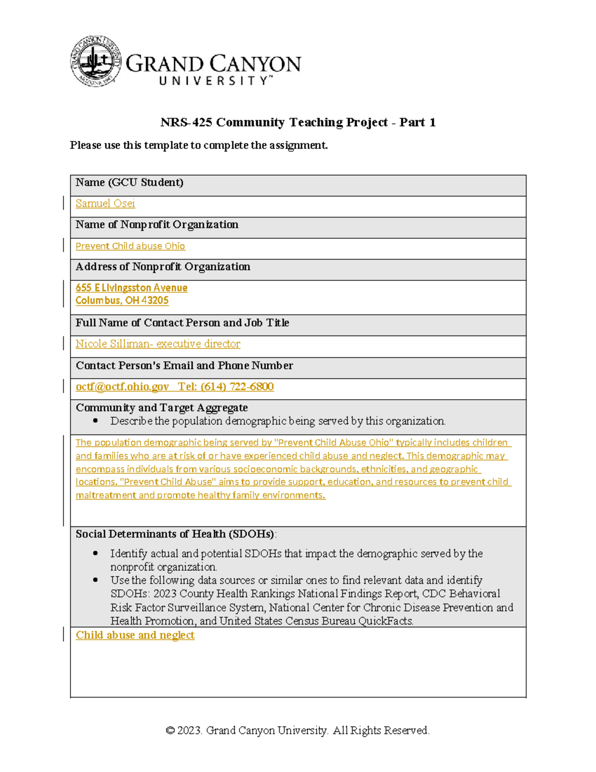 NRS-425 Community Teaching Project Part 1: Prevent Child Abuse Ohio - Studocu