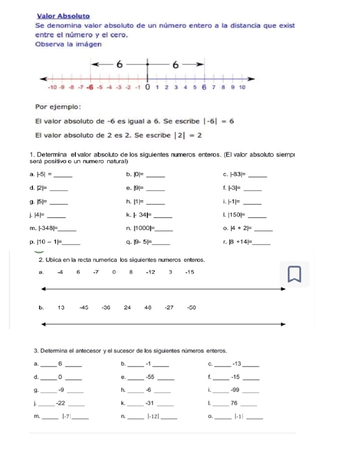 Ficha de Números Enteros: Valor Absoluto y Comparaciones - Studocu