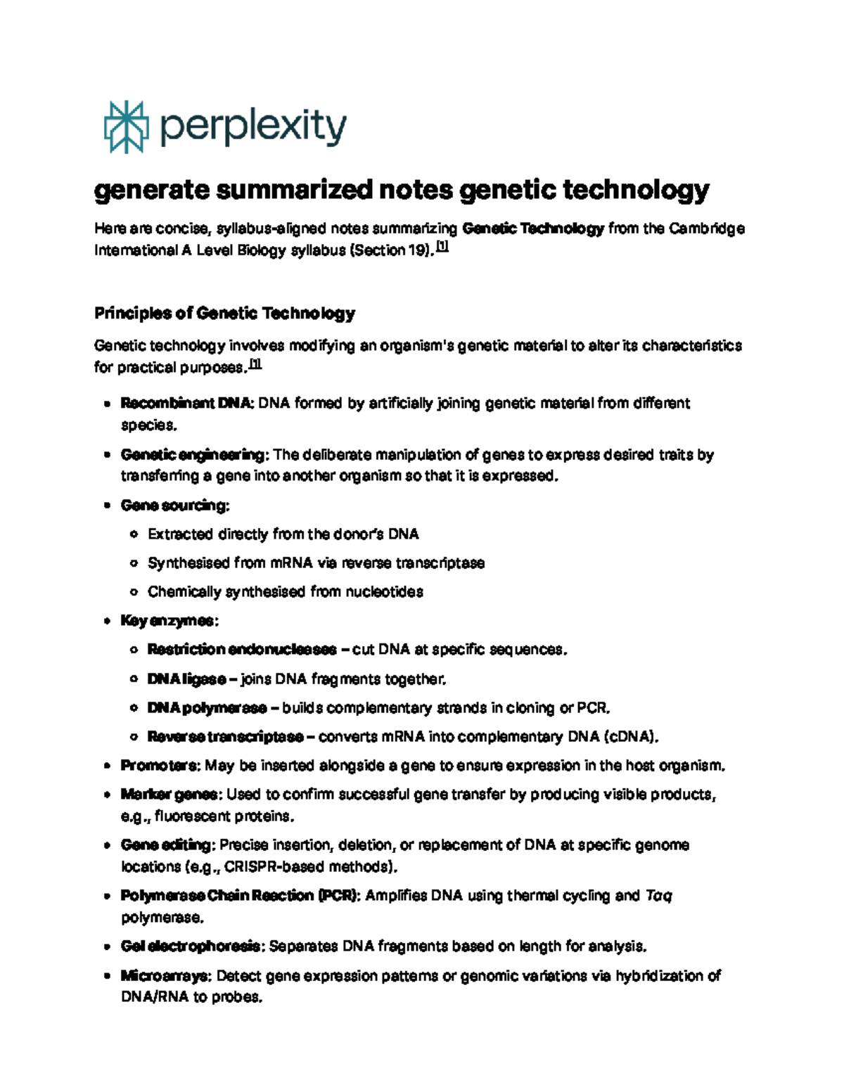 Genetic Technology Summary Notes (Cambridge A Level Biology) - Studocu