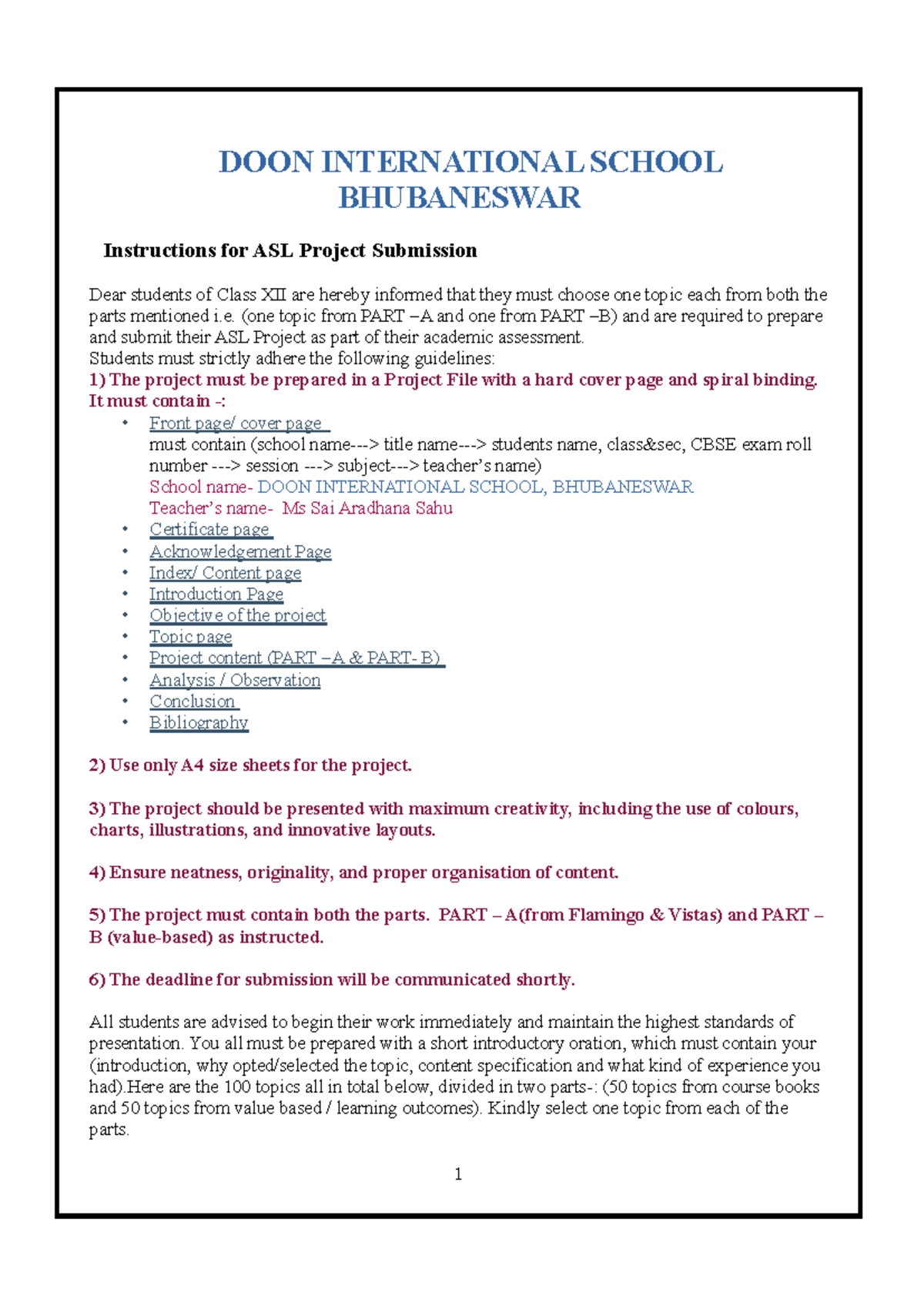 Class XII - ASL Project Guidelines (English CORE) 2025-26 - Studocu