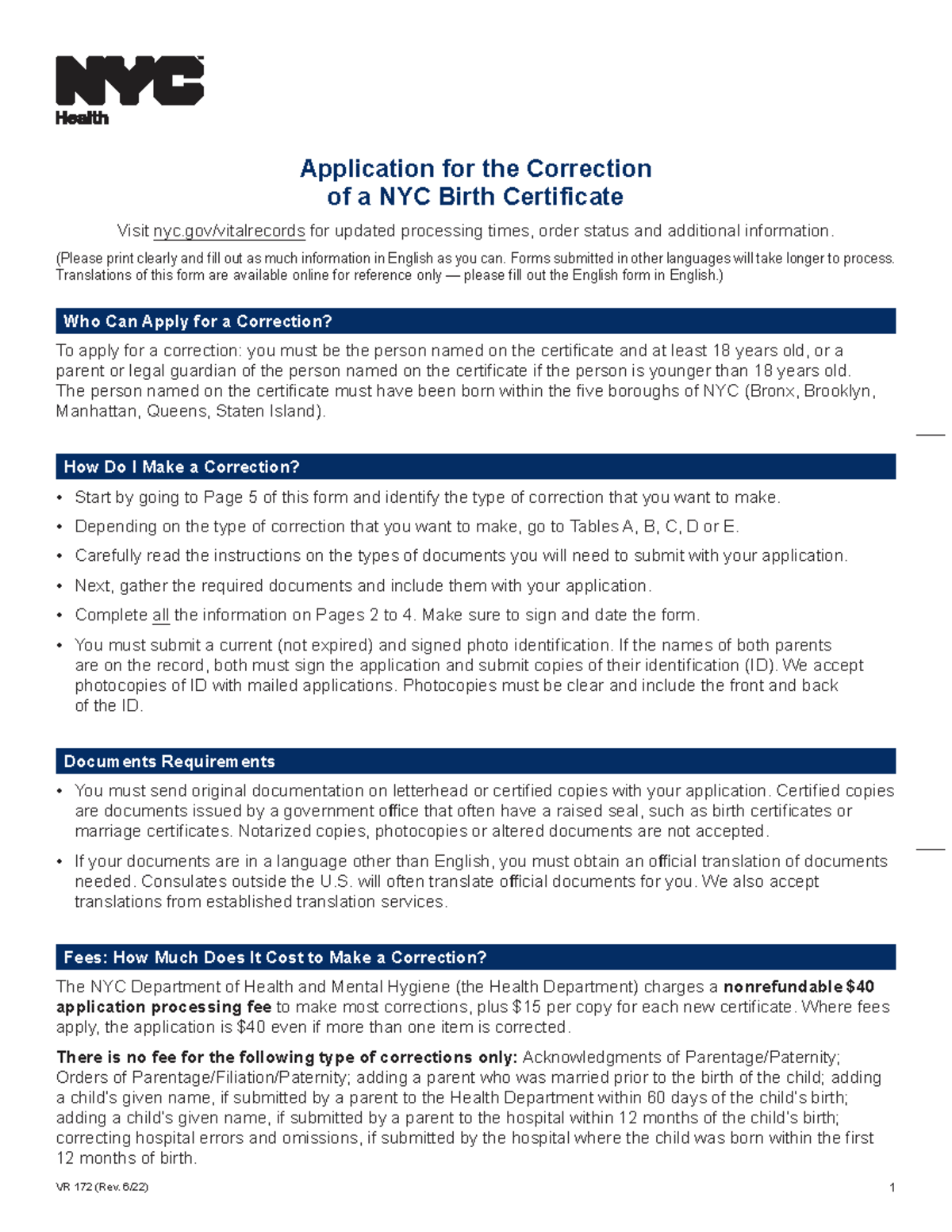 NYC Birth Certificate Correction Application Guide (VR 172) - Studocu