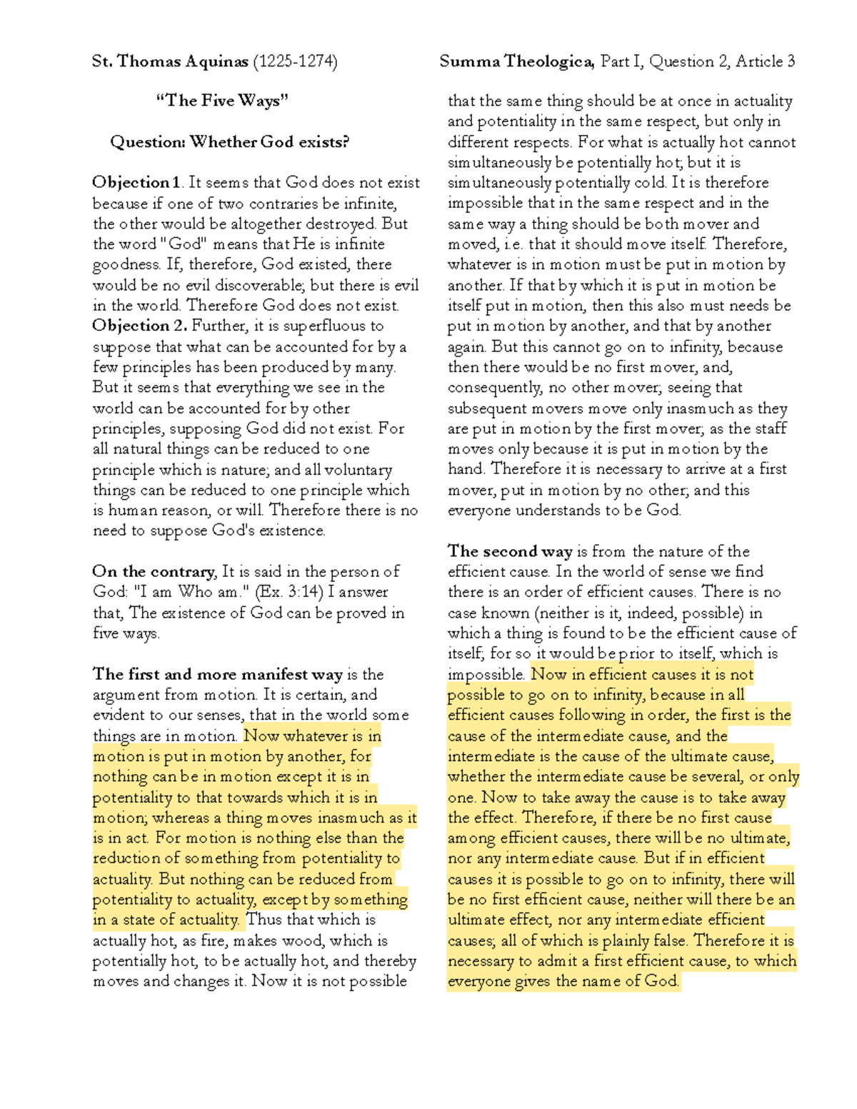 Aquinas' Five Ways: Proofs for God's Existence (Final Exam Notes) - Studocu