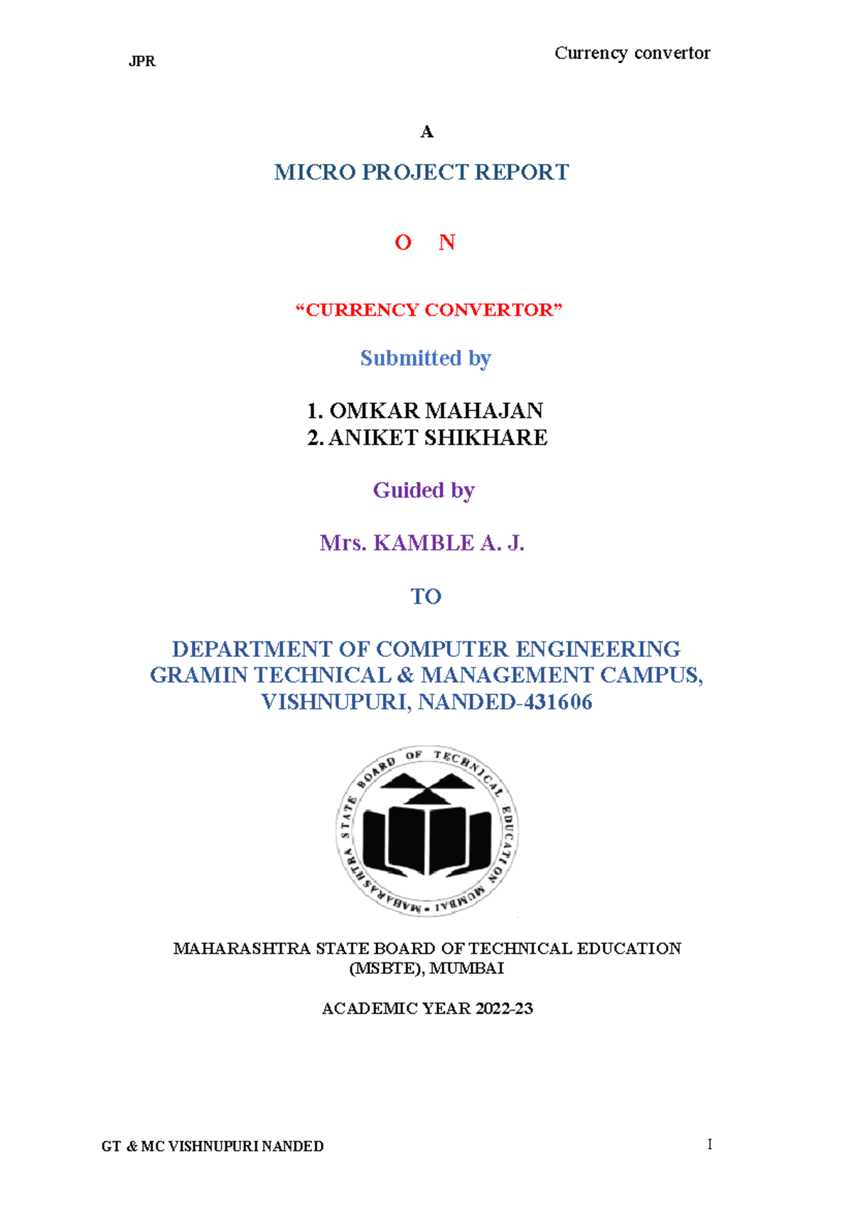 Jpr Report A Micro Project Report O N Currency Convertor” Submitted By 1 Omkar Mahajan 2