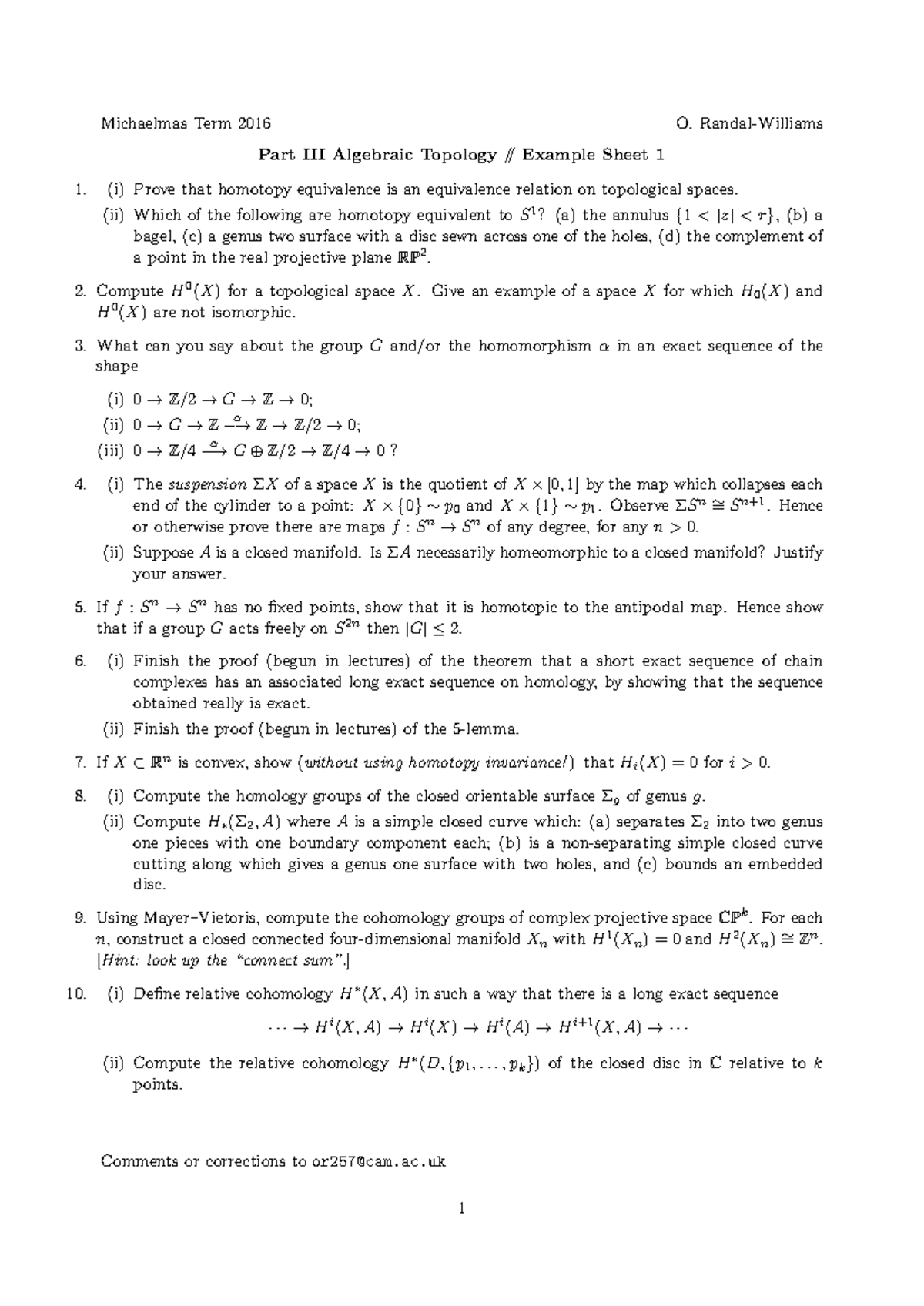 Part III Algebraic Topology: Example Sheet 1 Questions - Studocu