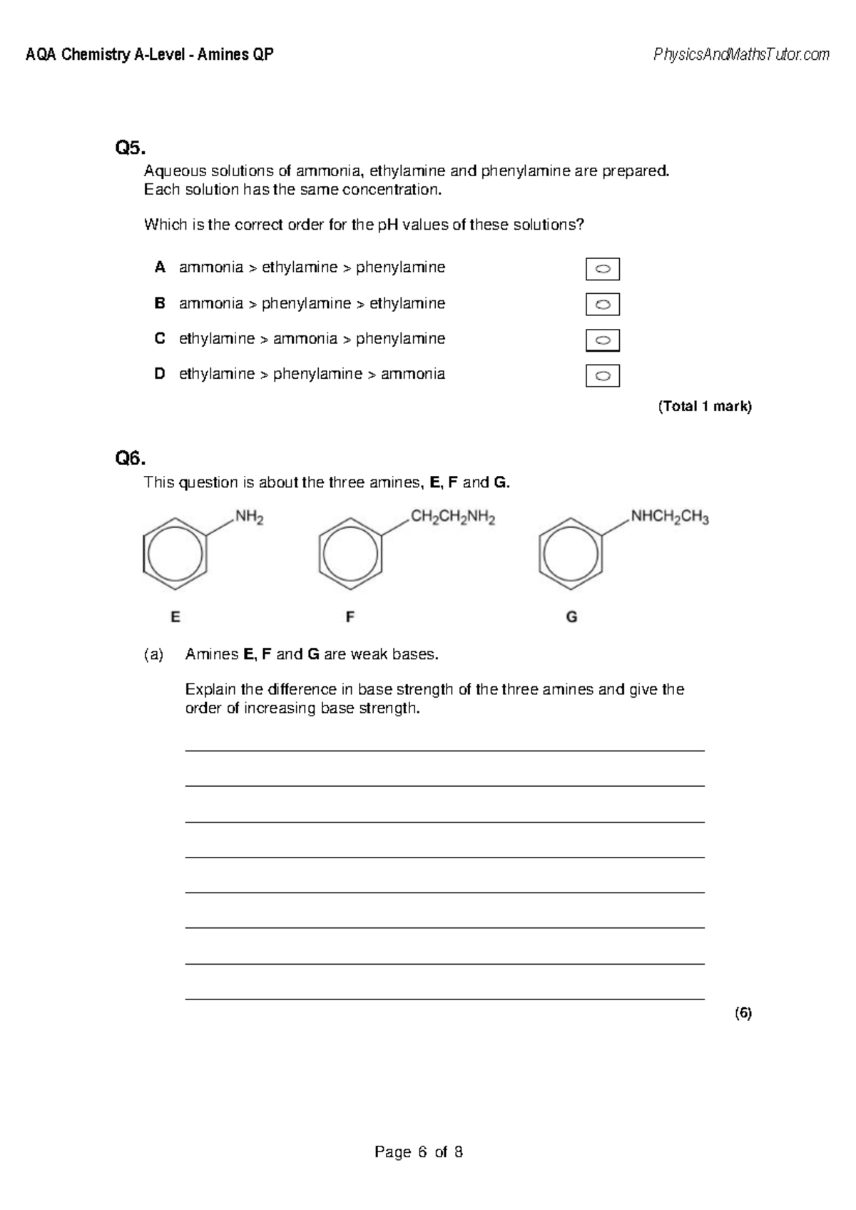 AQA Chemistry Amines QP - pH Values & Base Strength Analysis - Studocu